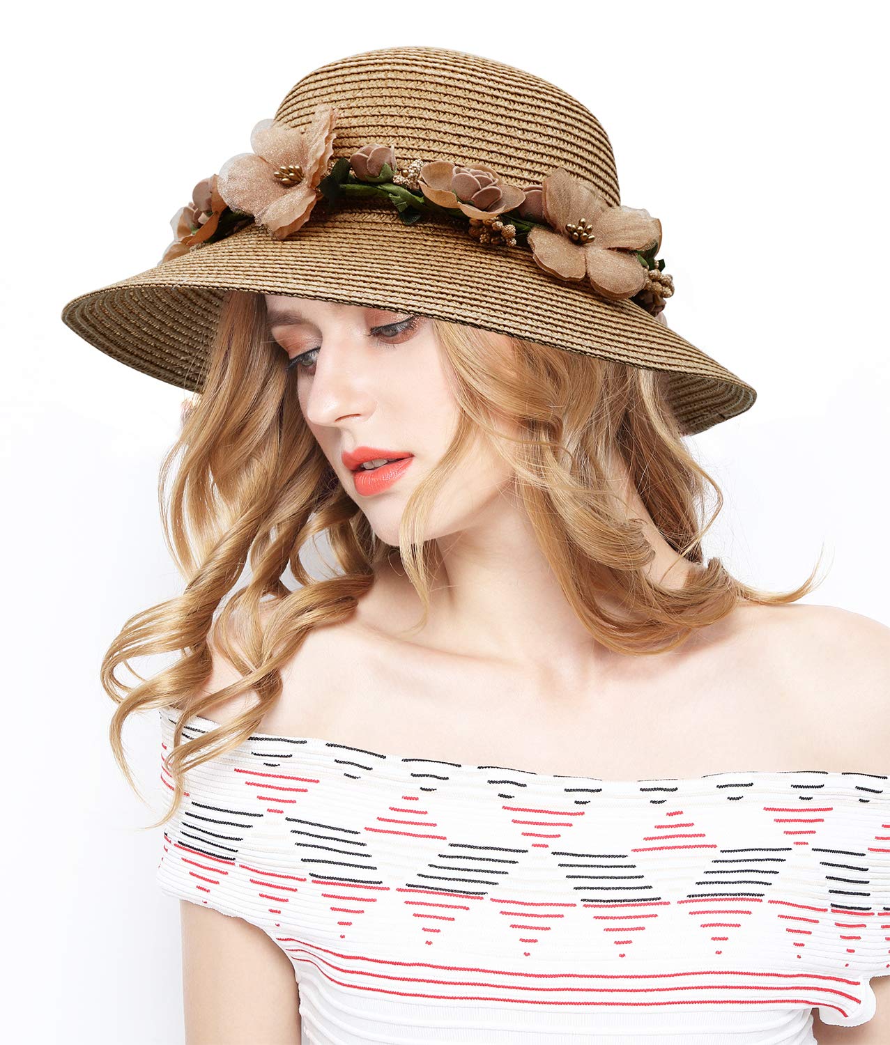 Lovful Sun Hats for Women with Flower Decor,Wide Brim Beach Hats Straw Hat,Summer Sun Protection Hat Caps, khakiBeige