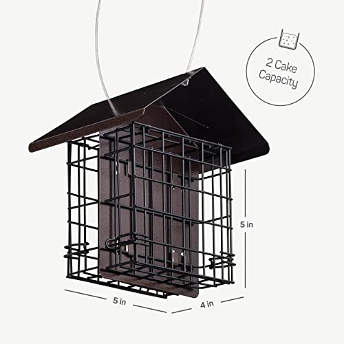 Suet Bird Feeder for Outside [Double Capacity] Suet Wild Bird Feeder with Hanging Metal Roof, Suet Feeders for Outside, for Use with Suet Cakes, Seed Cakes, Mealworm Cakes
