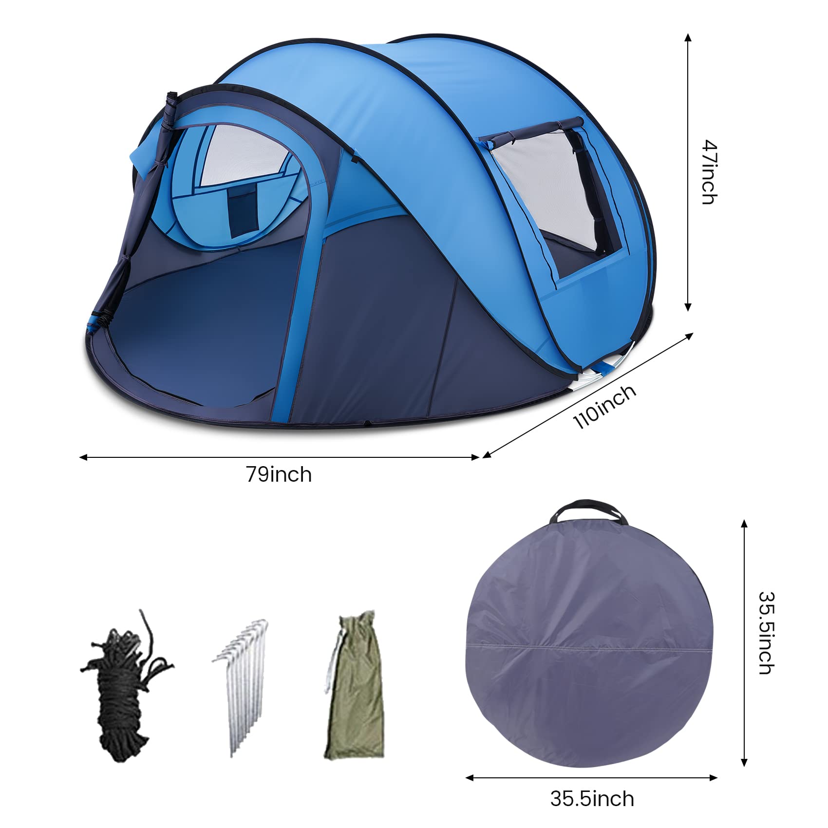 Lovinouse Upgraded 4-6 Person Pop up Camping Tent, Waterproof Double Layer Lightweight Dome Tents, with Doors Windows for Hiking Beach (Navy)