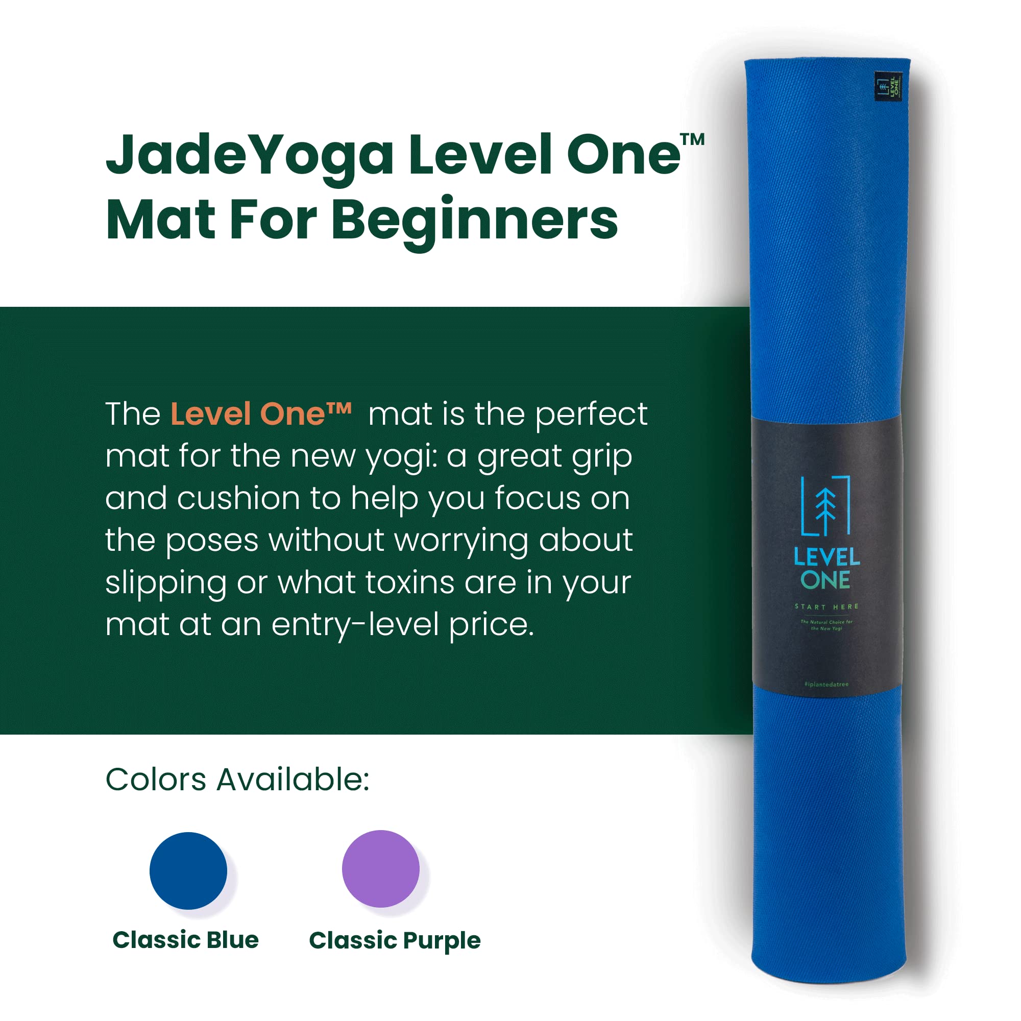JadeYoga Level One Yoga Mat - Secure Grip, Comfortable & Durable Exercise Mat for Beginners - Portable Padded Mat - Fitness Mat for Yoga, Pilates, Stretching, Home Workout and More (Classic Blue)