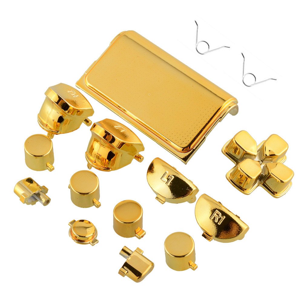 Jadebones Chrome Plating Replacement Repair Buttons with 2 Springs Set for PS4 Controller DualShock 4 (Gold)