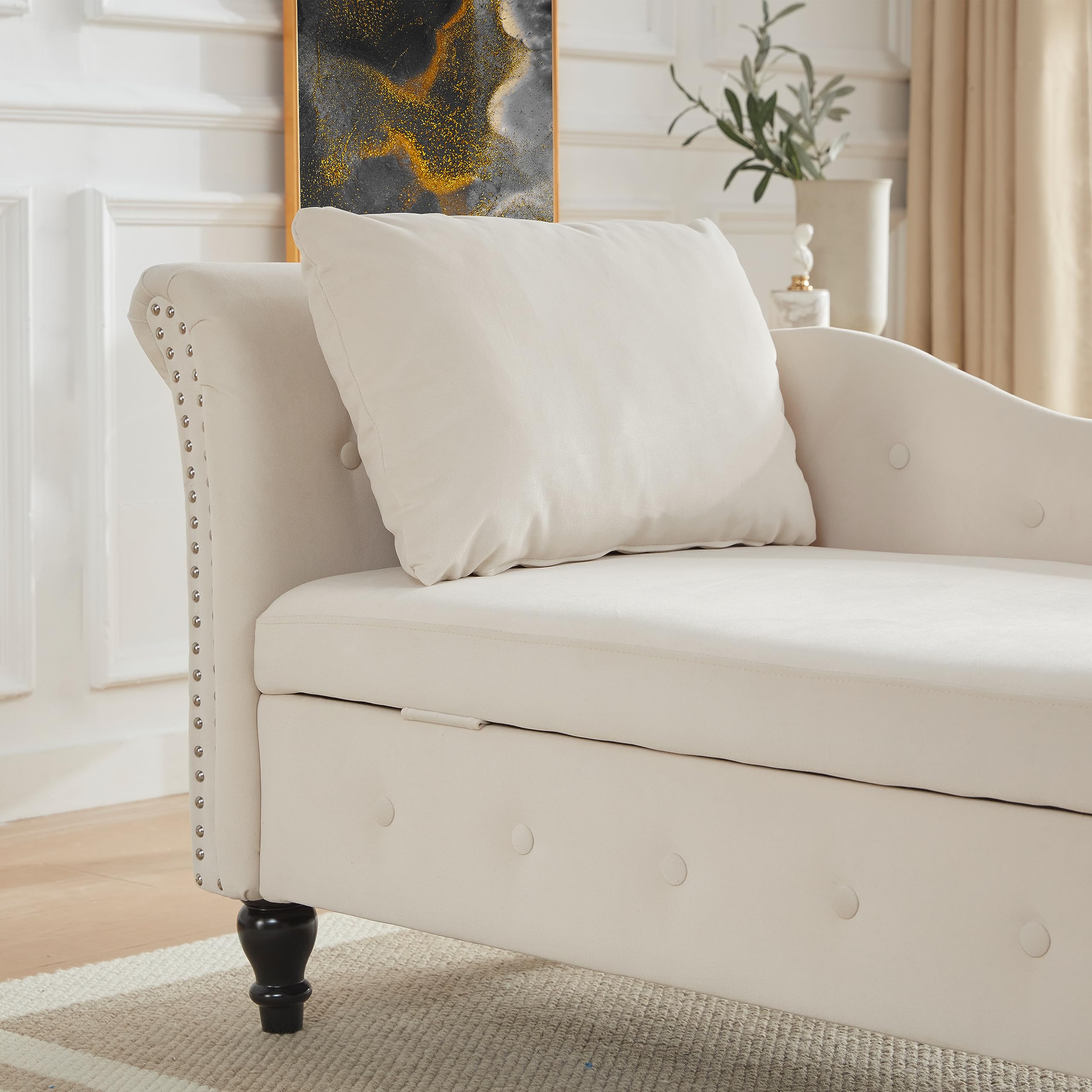Iroomy Button-Tufted Chaise Lounge Indoor with Solid Wood Legs & Support Pillow, Upholstered Chaise Lounge Chair for Bedroom Living Room Office, Armless Rolled Backrest Leisure Sofa Recliner-Dark Grey