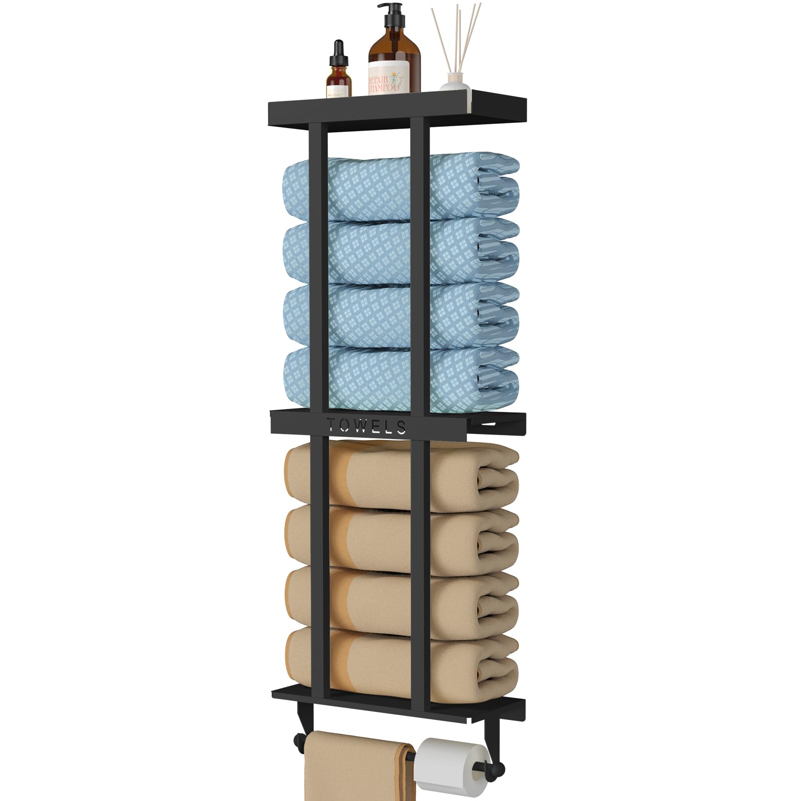 XWF Bathroom Towel Storage Rack,Wall Mounted Metal Bathroom Organizer,Wall Mounted Roll Towel Rack 30-Inch with Shelf for 6 Large Towels (Black)