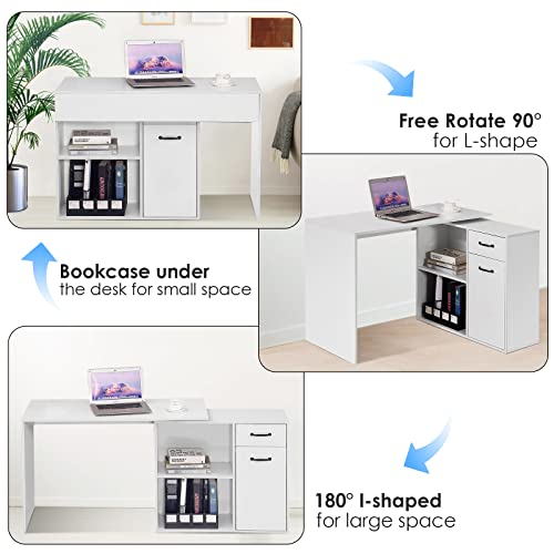 VANSPACE L-Shaped Rotating Computer Desk 68 inch with Storage Shelves Home Office Corner Desk with Drawers and File Cabinet Multipurpose Study Writing Table for Bedroom Small Space White