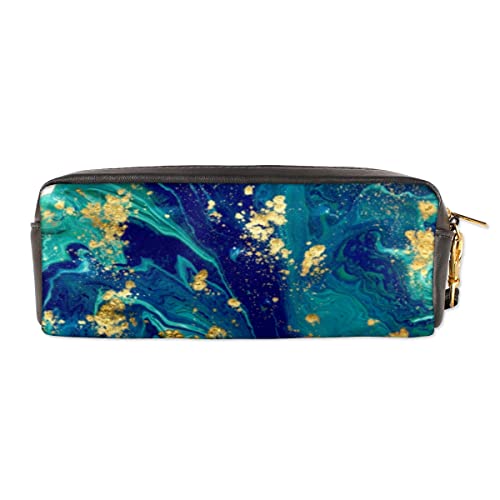 TropicalLife Turquoise Marbling Texture Golden Pencil Case, Portable Pu Leather Pencil Pen Case Pouch Bag with Zipper for Travel, School, Cosmetic Bag
