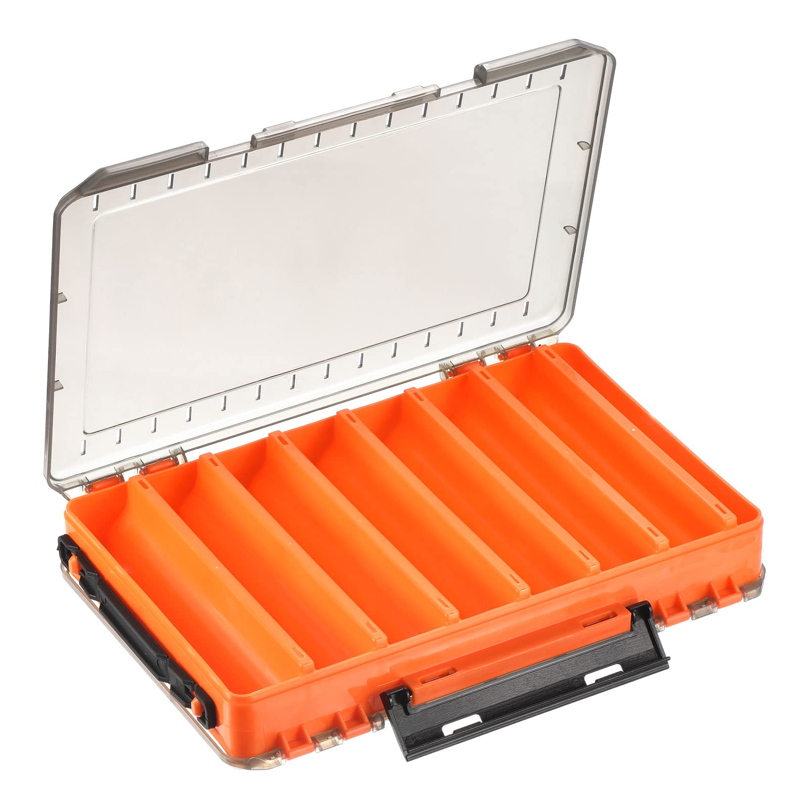 PATIKIL Double-Sided Fishing Tackle Box, 14 Compartments Plastic Fish Bait Lure Storage Container, Orange