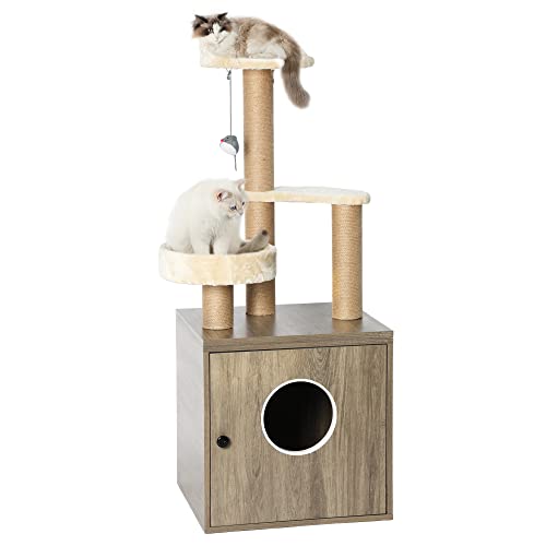 YITAHOME Litter Box Enclosure with Cat Tree, Litter Box Furniture Hidden Furniture, Mordern Cat Tower with Hammock and Scratching Post for Indoor Cats