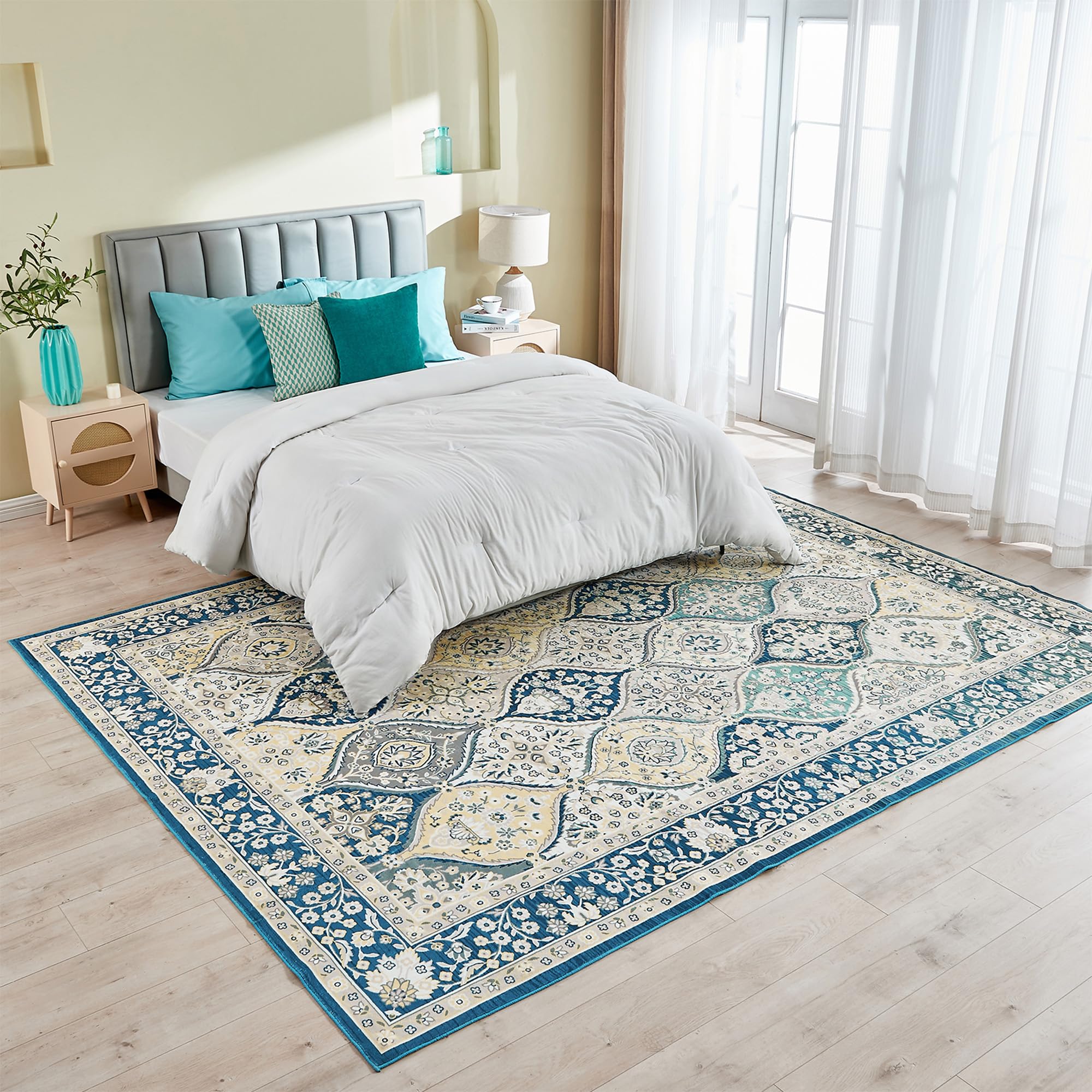 INGEROOM Area Rug 5x7 Machine Washable Area Rug Vintage Flodable Thin Large Area Rug with Non-Slip Backing for Living Room Bedroom, Bathroom, Kitchen 5x7 Area Rugs, Blue