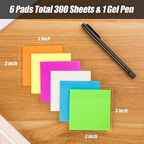Transparent Sticky Notes 3" x 3" with Gel Pen, 6 Pads High Transparency Post Sticky Notes Clear Translucent Can Write See Through Stickers for Office School Planner Reminder Memo Supplies (6 Color)