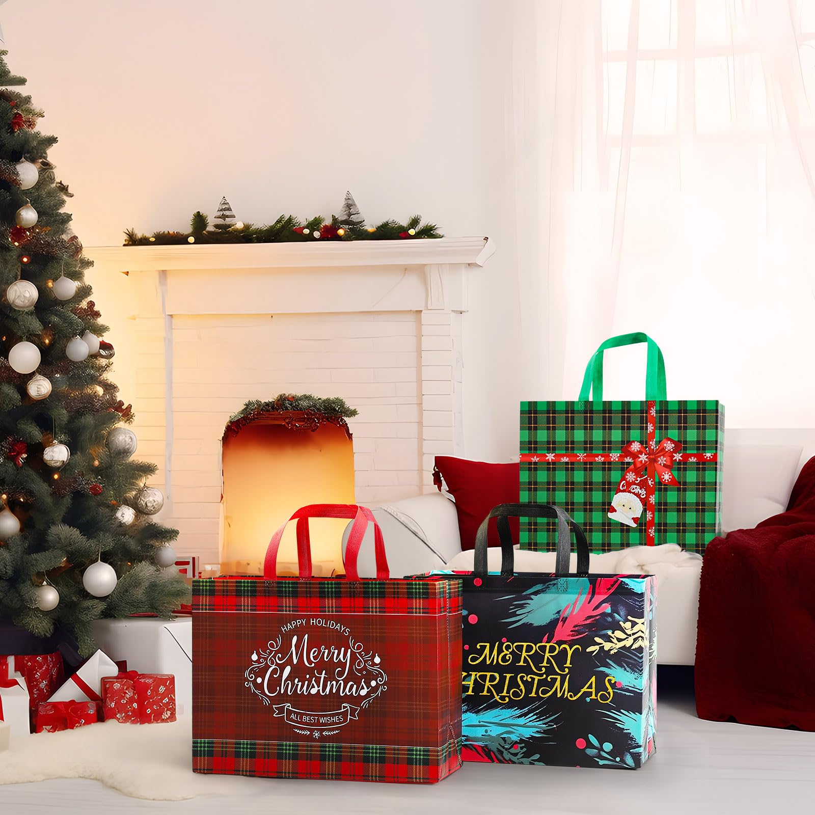 YANGTE Extra Large Christmas Gift Bags 12 Pack Extra Large Gift Bags Jumbo with Handle Reusable Non-Woven XL Xmas Presents Wrapping Holiday Bags Tote Size 16.7 * 6.9 * 12.6in