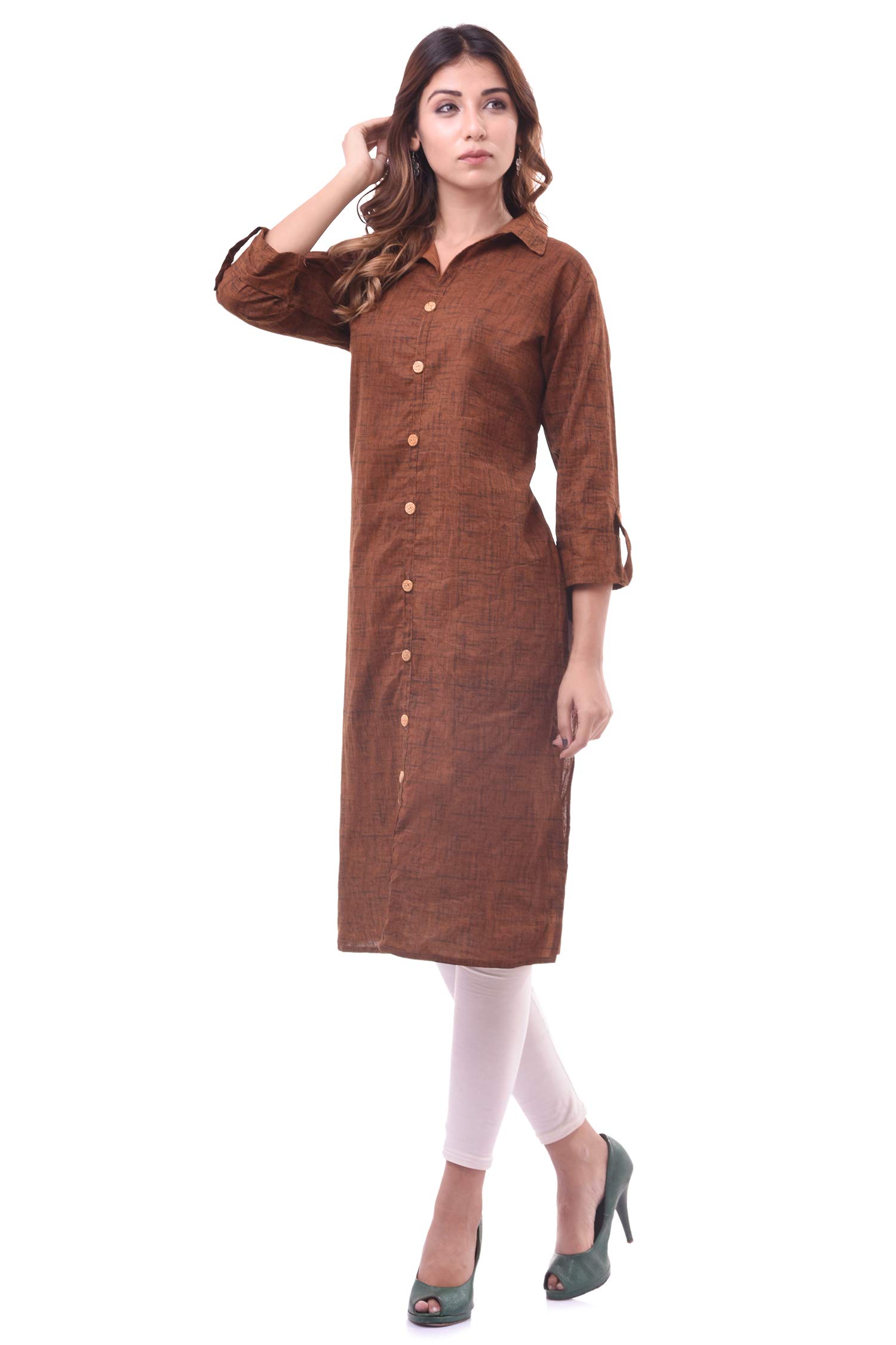 Indian Women's Printed Cotton Kurti Brown Top By Chichi, Large