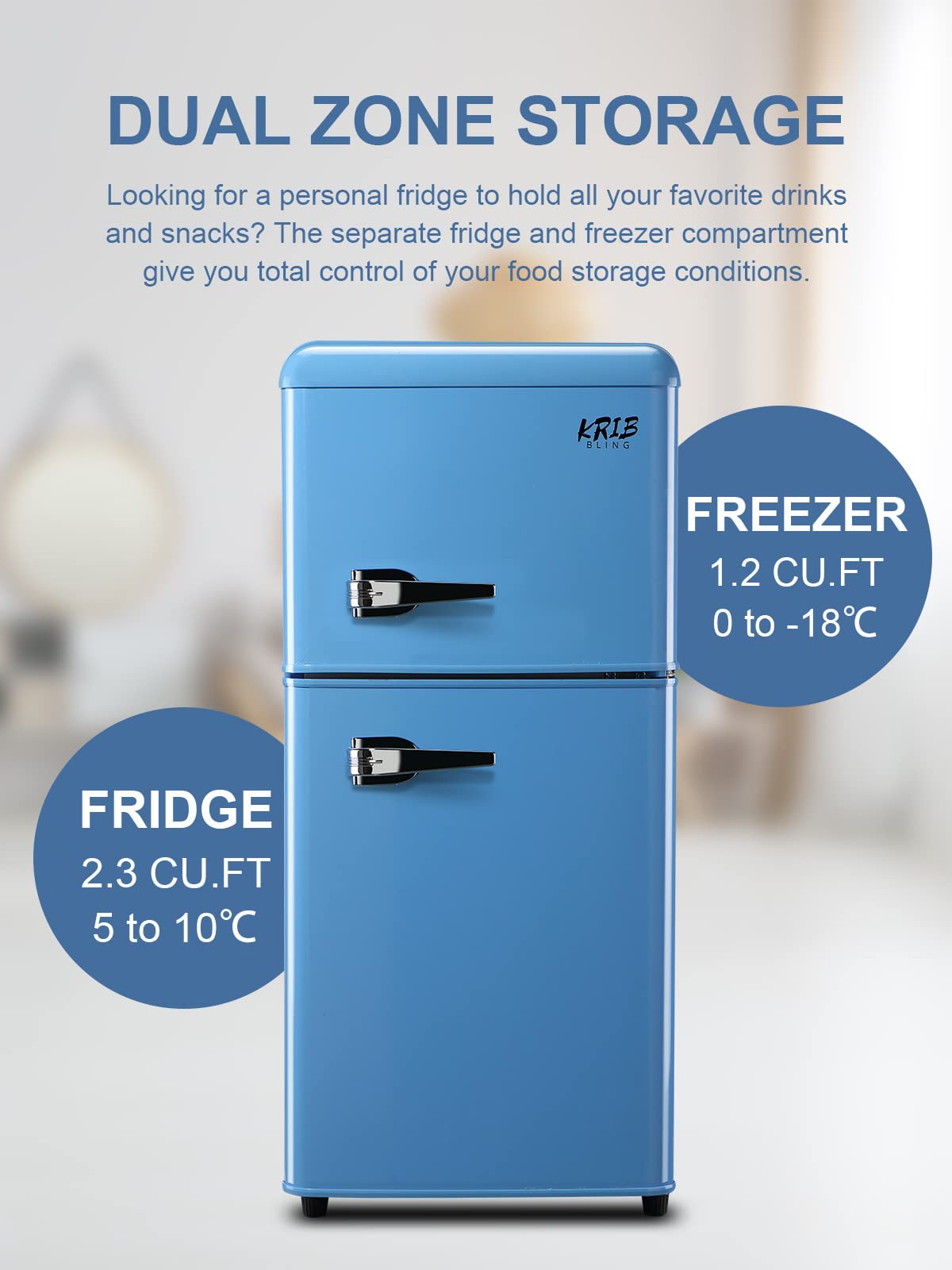 KRIB BLING Mini Fridge With Freezer,3.5 Cu. Ft Compact Refrigerator With 2 Doors,7- Level Adjustable Thermostat, Removable Glass Shelves For Bedroom, Office, Kitchen, Apartment, Dorm, Blue