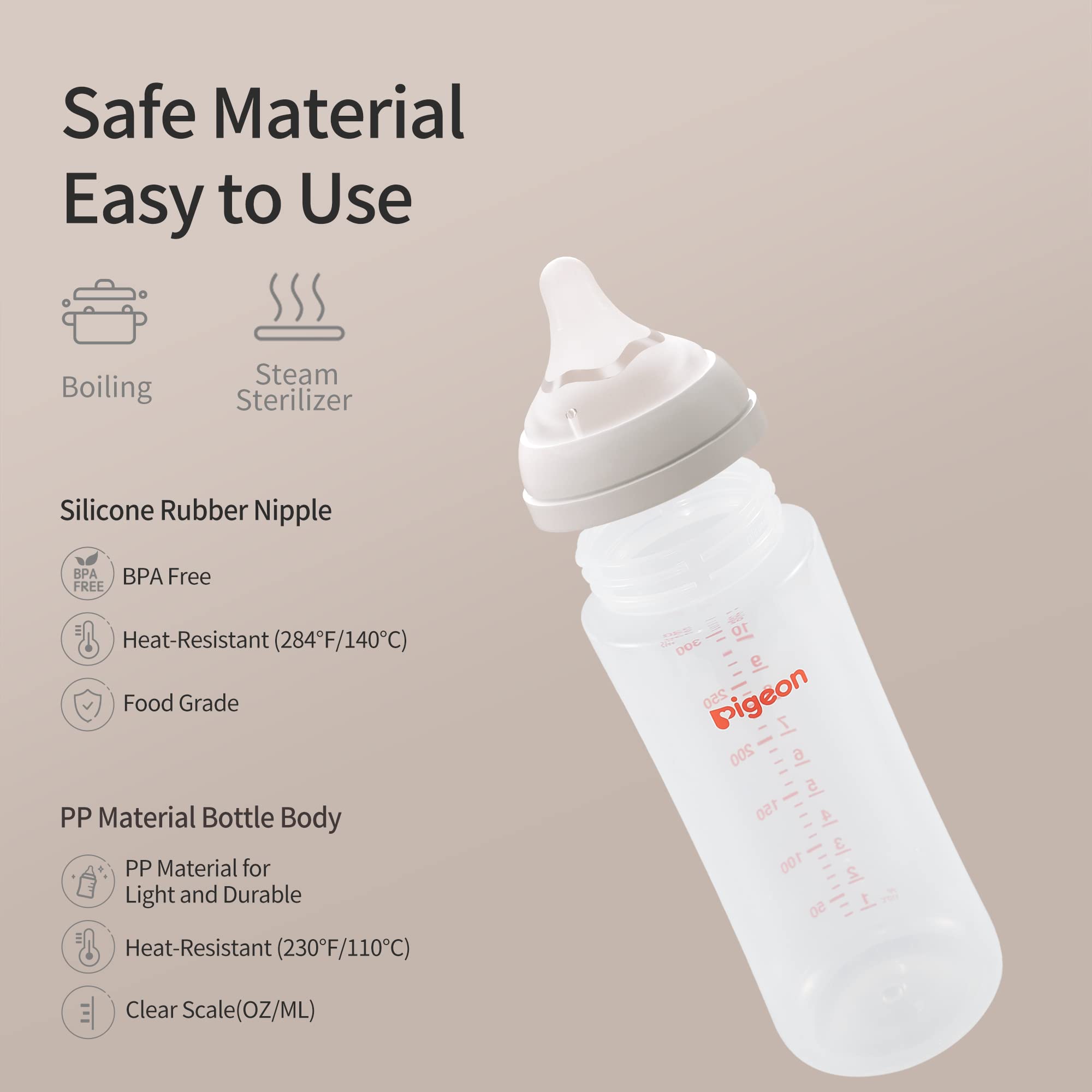 Pigeon PP Nursing Bottle Wide Neck, Streamlined Body, Natural Feel, Easy to Clean, 5.4 Oz, Includes 1pc SS Nipple (0m+)