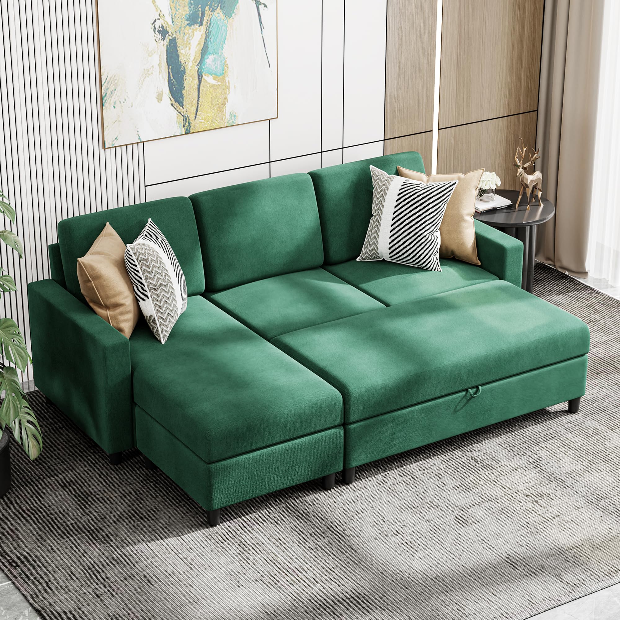 JAMFLY 79'' Sectional Sofa Couch with Storage Ottoman, Living Room Furniture Set Small Deep Convertible Sofa, L-Shaped Couch Wide Reversible Chaise with Linen Fabric (Deep Grey)
