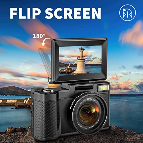 Toiauaha 4K Digital Camera for Photography, Autofocus 48MP Vlogging YouTube with 16X Zoom Macro Camera, 3’’180 Degree Flip Screen Compact Video Liftable Flash, SD Card&2 Batteries Black DC062