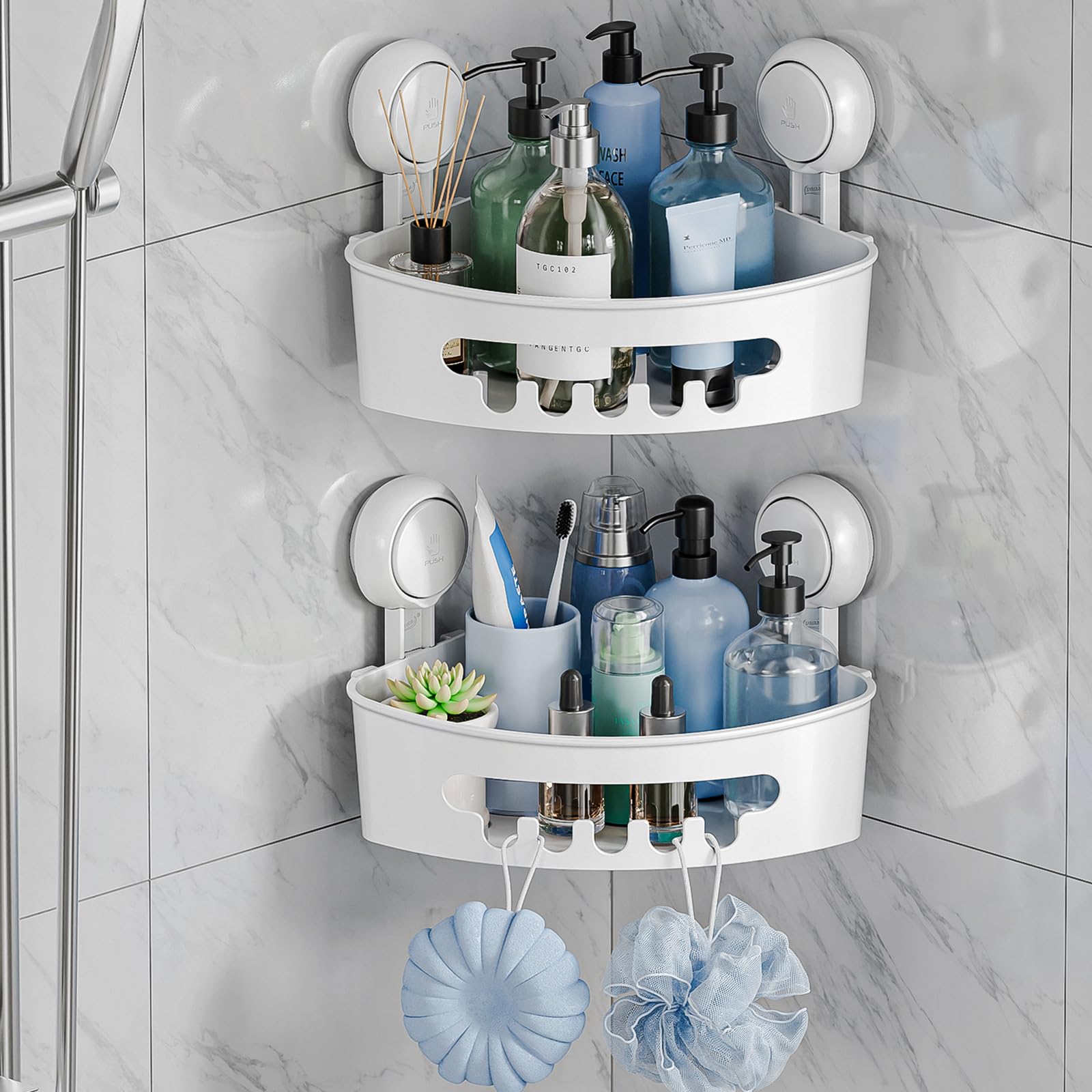 TAILI Corner Shower Caddy Suction Cups Heavy Duty 2 Pack, Small Bathroom Shower Shelf Storage Wall Mounted shower Organizer for Shampoo,Conditioner,Plastic shower Basket, Drill-Free Removable