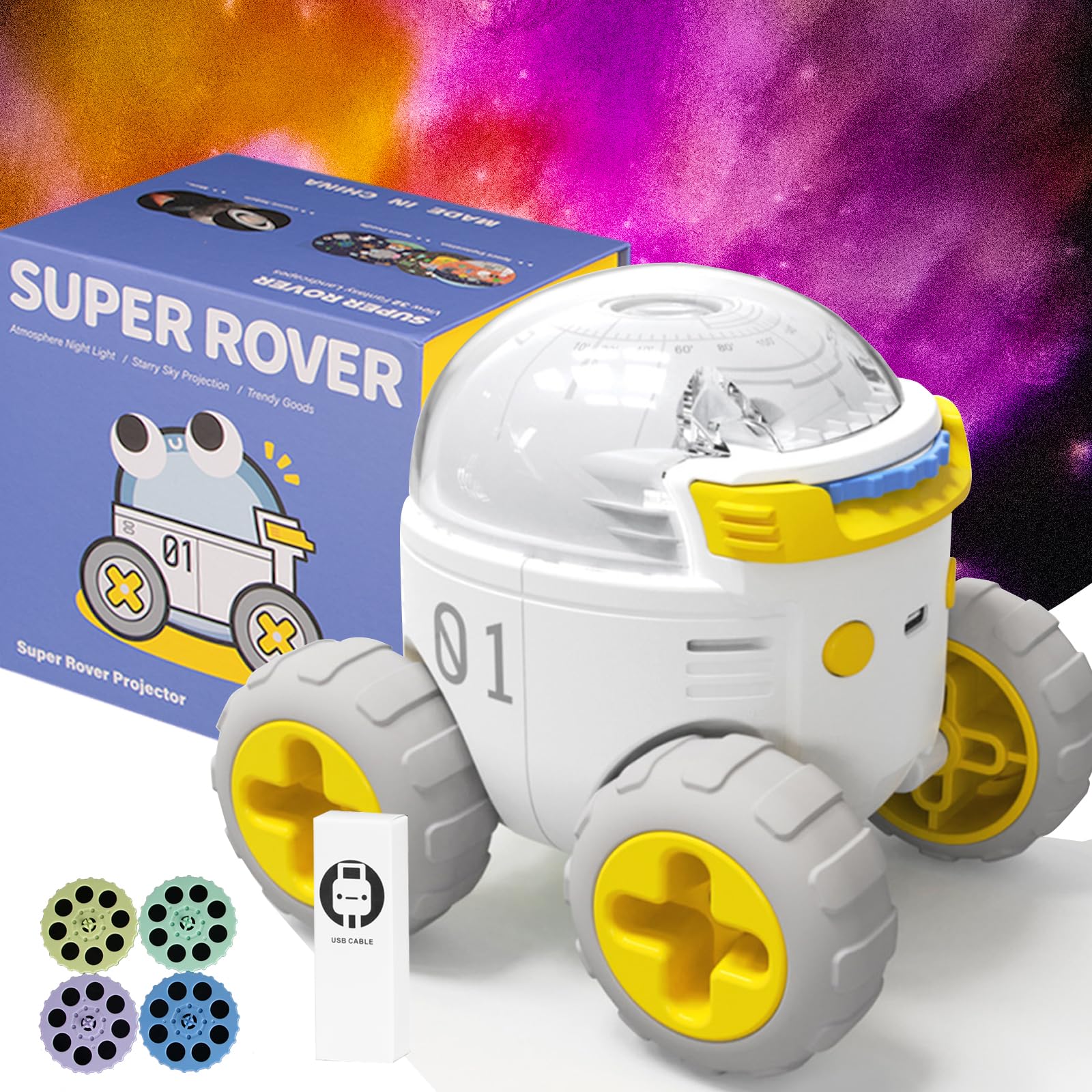 ITMIAYA Kids Night Light Projector Space Car Timing Function 4 Films 32 Patterns Cosmic Starry Sky/Cartoon Illustration/Holiday & Party/Adventure Story Birthday Gift Holiday Gift(Space Car)