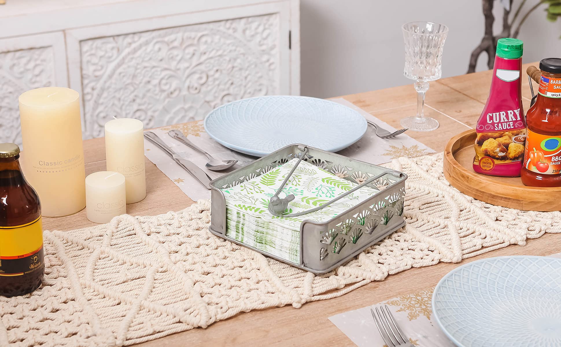 NIKKY HOME Farmhouse Rustic Flat Napkin Holder, Galvanized Metal Napkin Caddy with Bird Weight Ball
