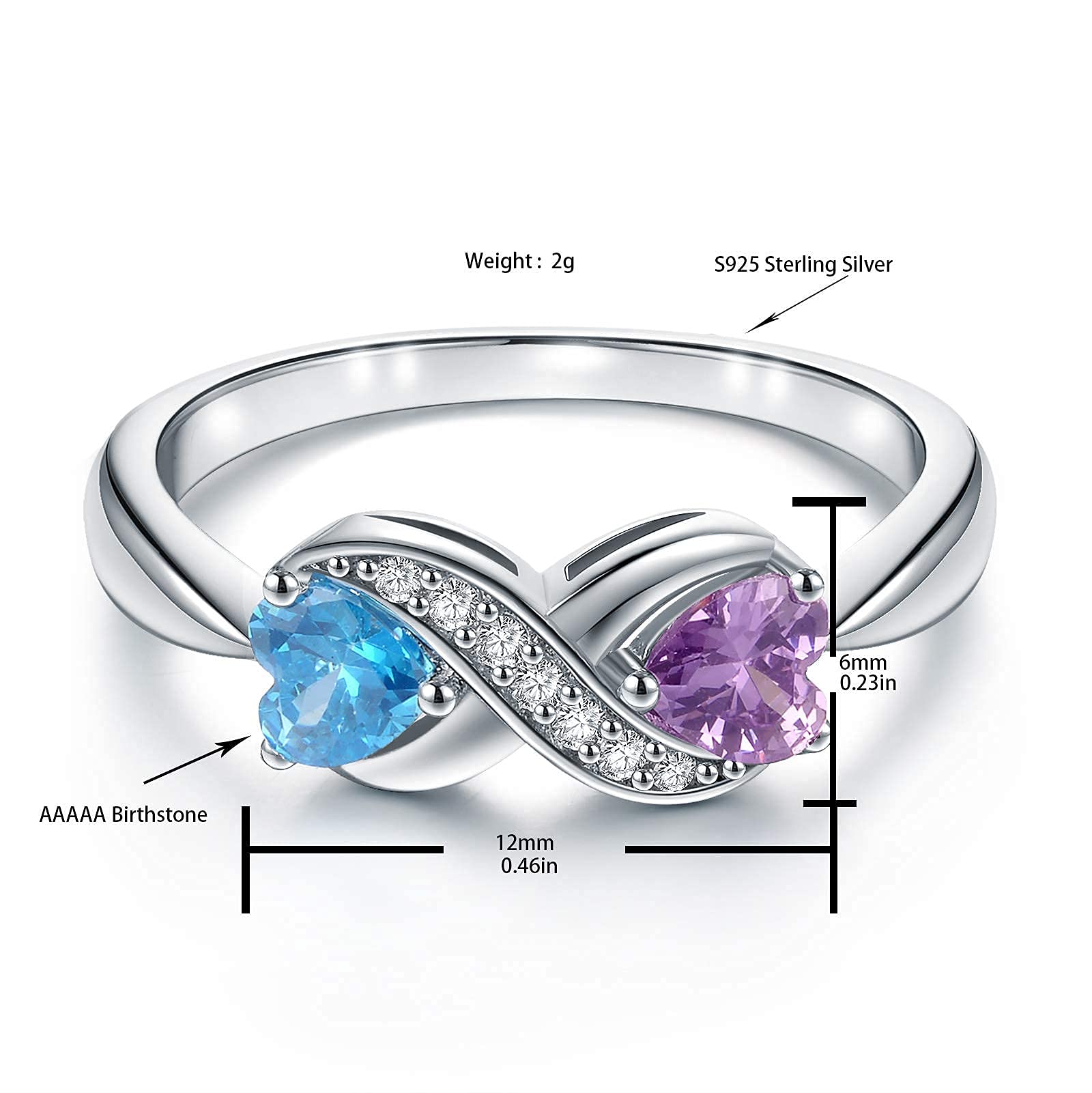 LUCA SMITH Sterling Silver Anniversary Rings Engagement Ring Promise Rings For Women 2 Heart Birthstones 2 Name & 1 Engraving Customized & Personalized Ring
