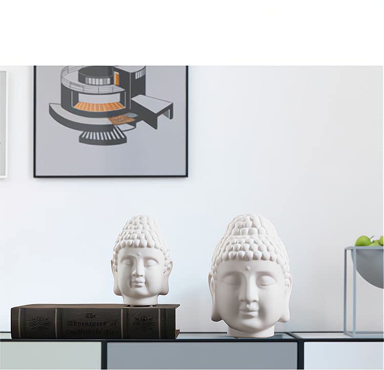 Kunze Land Zen Buddha Head Statue, Medium Temperature Ceramic White Glaze Process, Smooth Surface, Garden Yoga Meditation, Home Living Room Office Decorations