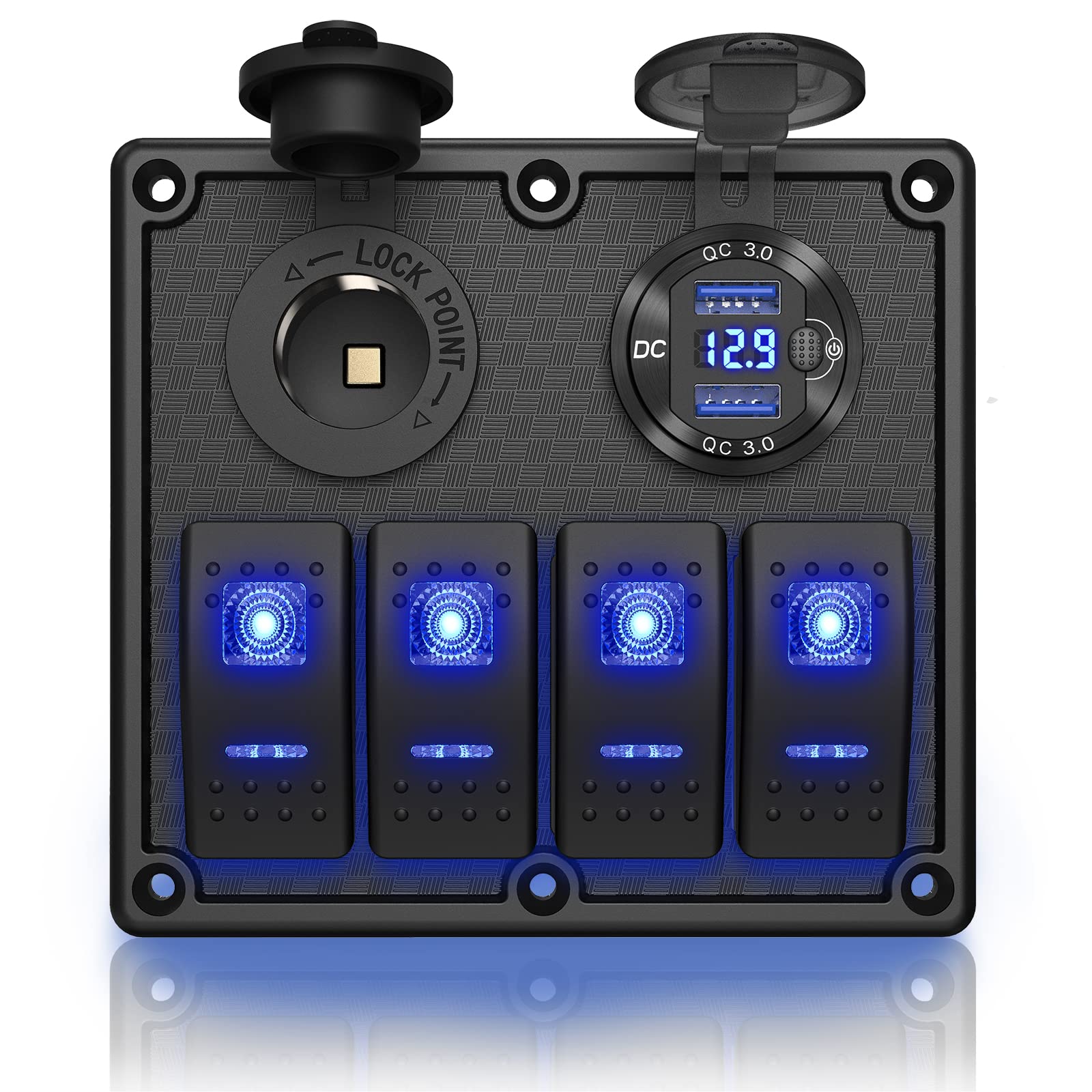 Ouffun 4 Gang Marine Boat Rocker Switch Panel, 12V Waterproof RV Led Switch Panel for for Car Truck RV Boat Aluminum Dual QC3.0 USB Charger Socket with LED Voltmeter Power Switch, 150W DC Power Socket