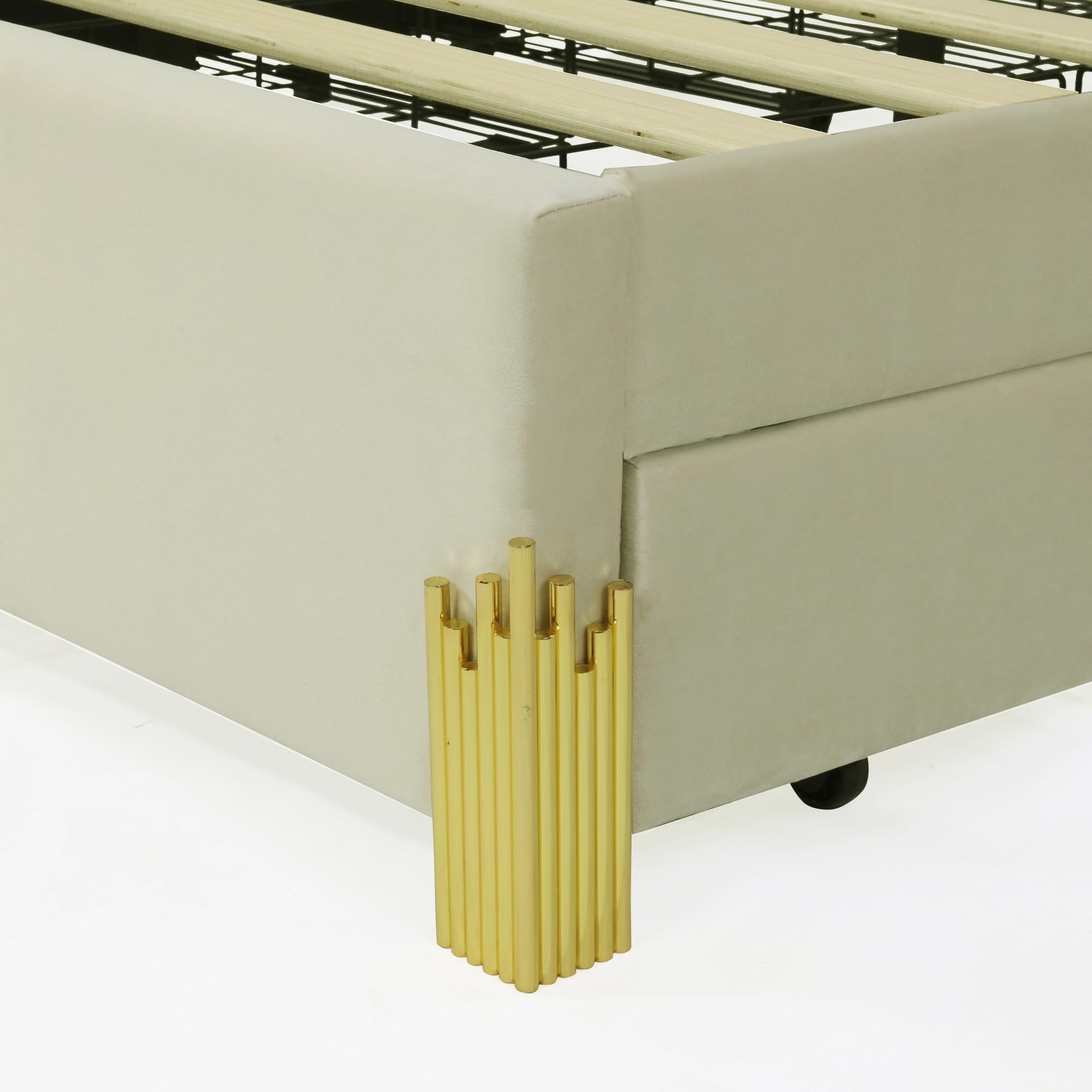 JIVOIT Full Size Upholstered Platform Bed with 4 Drawers, Modern LED Light Platform Bed Frame, Stylish Irregular Metal Bed Legs Design, Upholstered Storage Bed for Kids Teens (Beige,Full,Metal Legs)