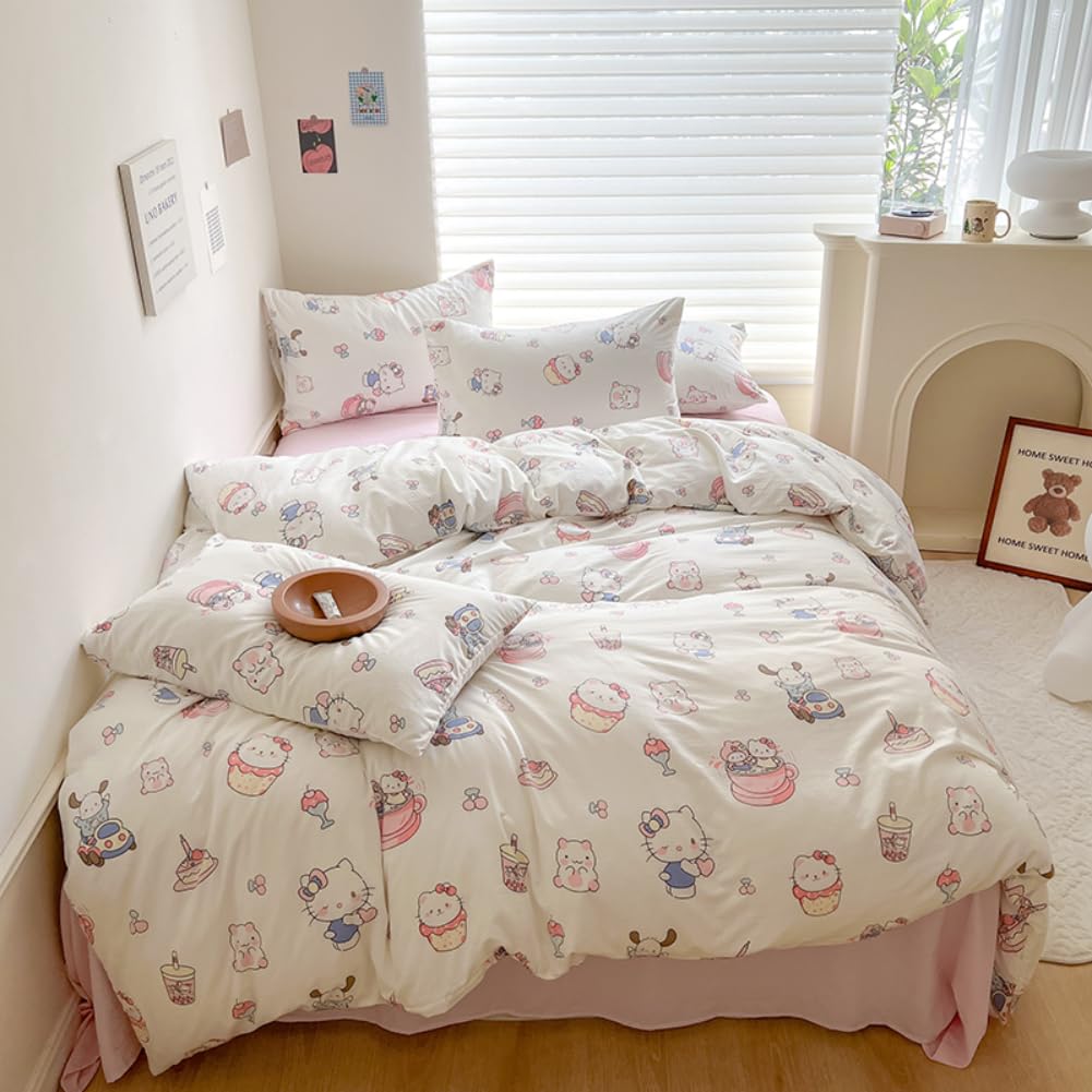 TELUSHEN Cartoon Anime Duvet Cover Sets,Cat Bedding Set with 1 Duvet Cover 1 Flat Sheet and 2 Pillow Shams,Cute Soft Comforter Cover for Teen Kids Girls (White,Queen79x91inch)