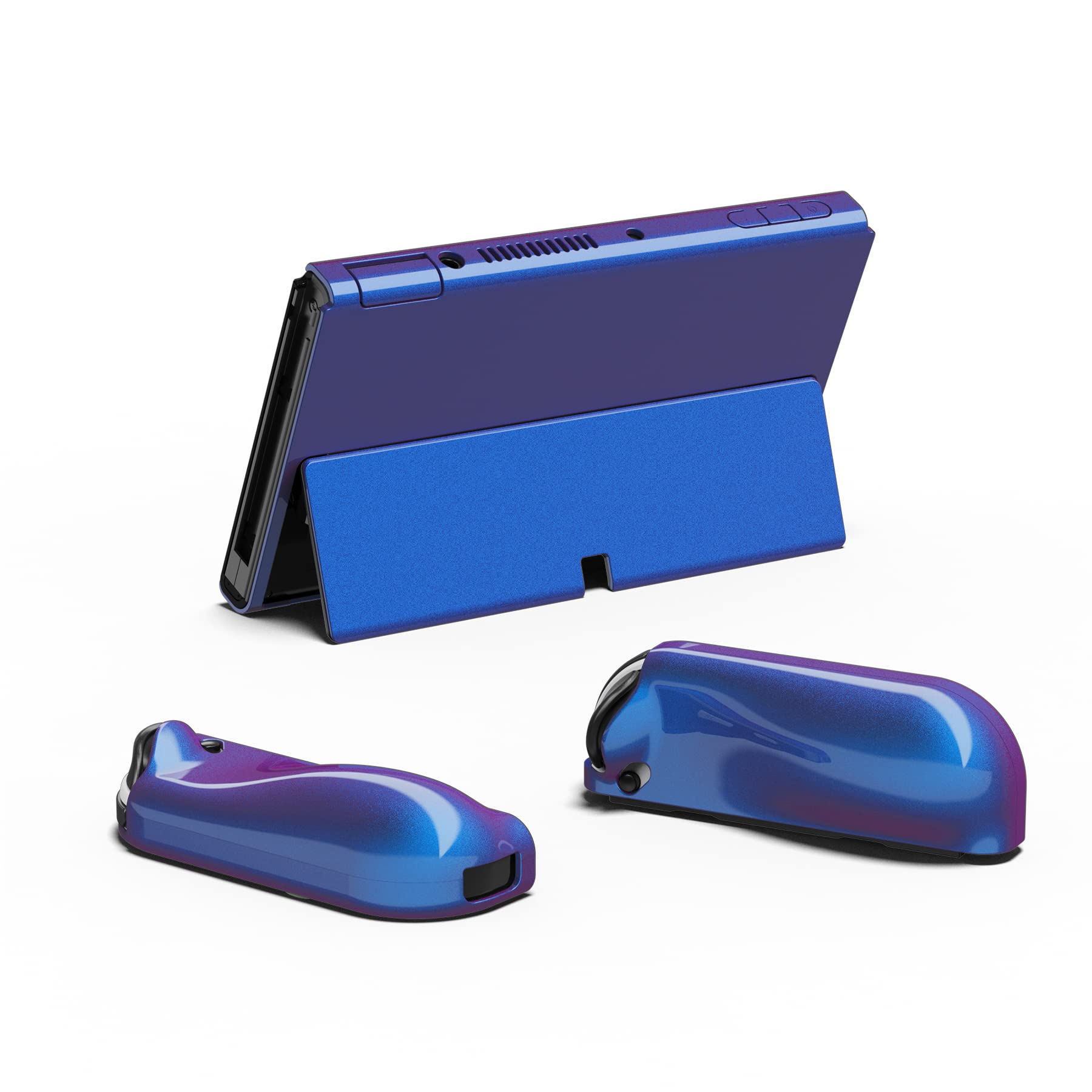 PlayVital AlterGrips Glossy Protective Slim Case for Nintendo Switch OLED, Ergonomic Grip Cover for Joycon, Dockable Hard Shell for Switch OLED w/Thumb Grip Caps & Button Caps - Chameleon Purple Blue