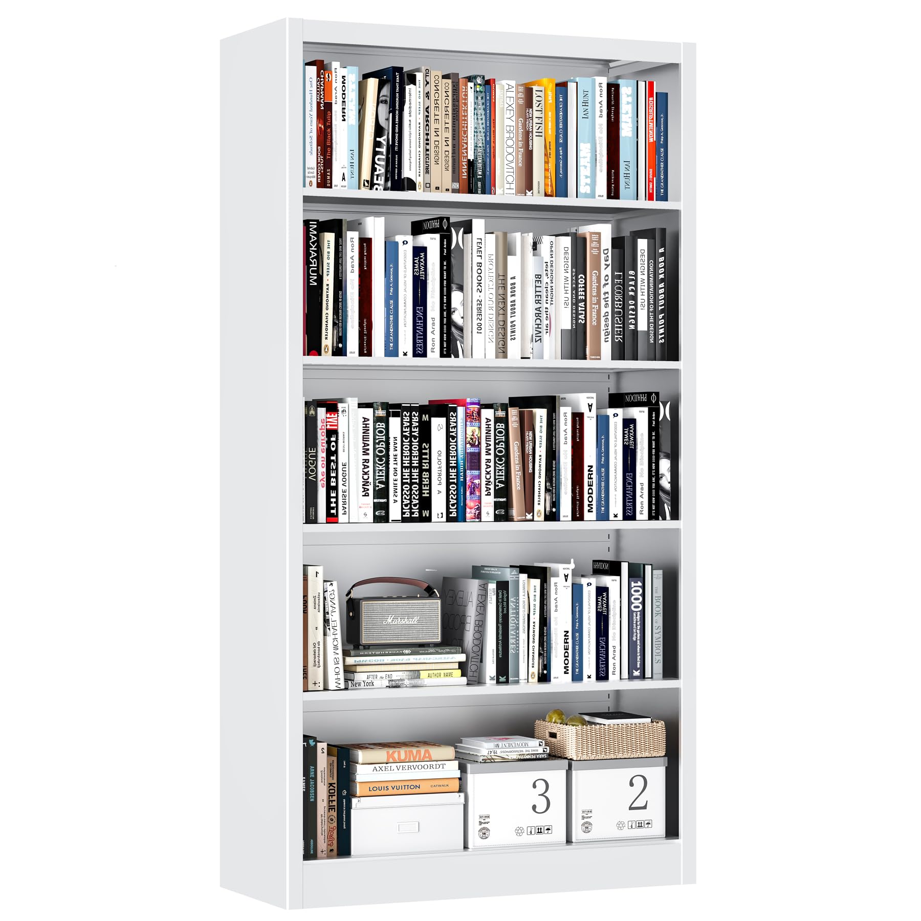 YILFANA Bookshelf,White Metal Bookshelves,33" Wide Open Bookcase with Adjustable Storage Shelves,66" Tall Book Shelf for Bedroom Living Room Home Office,5 Tier Bookcases