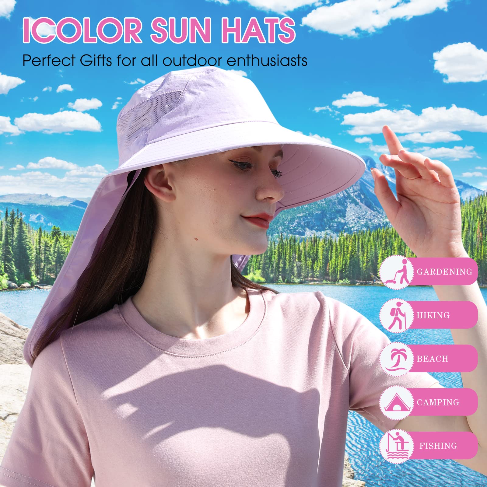 icolor Women Sun Hat UPF 50+ Wide Brim Sunscreen Visor Sun Protection Cap w/12 Neck Flap Sun Shade Hat for Girl Lady
