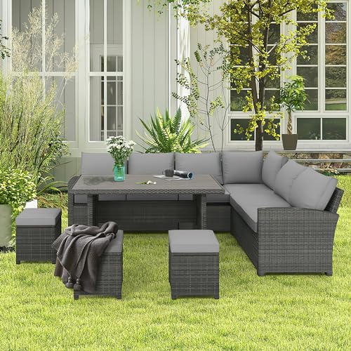 ICOMPY Patio Furniture Set 7-Piece Rattan Wicker Sectional Sofa Couch Outdoor Dining Conversation Set in Gray