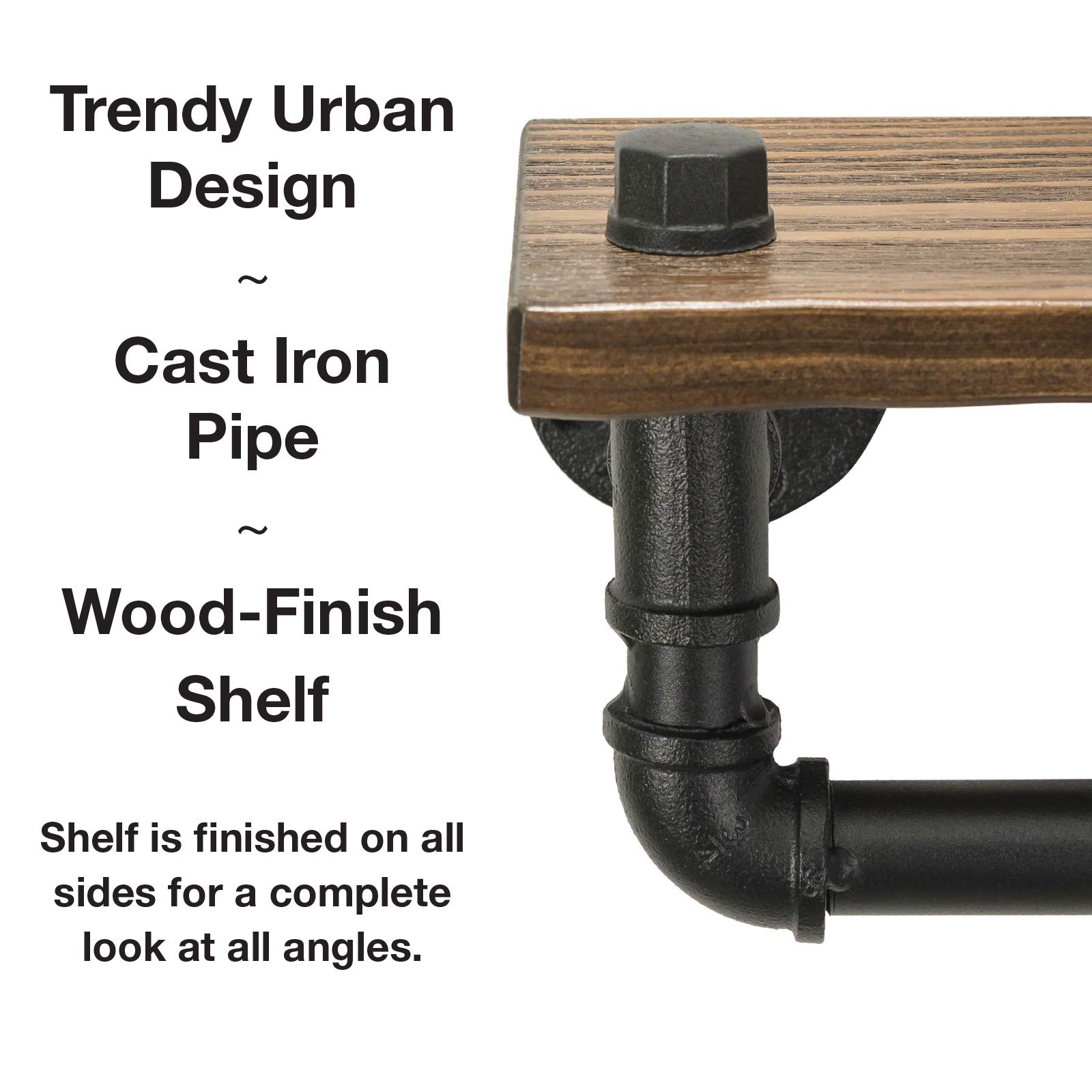 Industrial Toilet Paper Holder with Rustic Wooden Shelf and Cast Iron Pipe