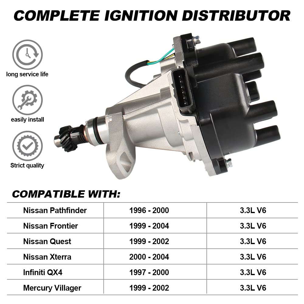 Ignition Distributor with Cap and Rotor Compatible with Nissan 1996-2002 Pathfinder Frontier Xterra Quest Mercury Villager Infiniti QX4 3.3L V6 Only 22100-1W601, 22100-1W600