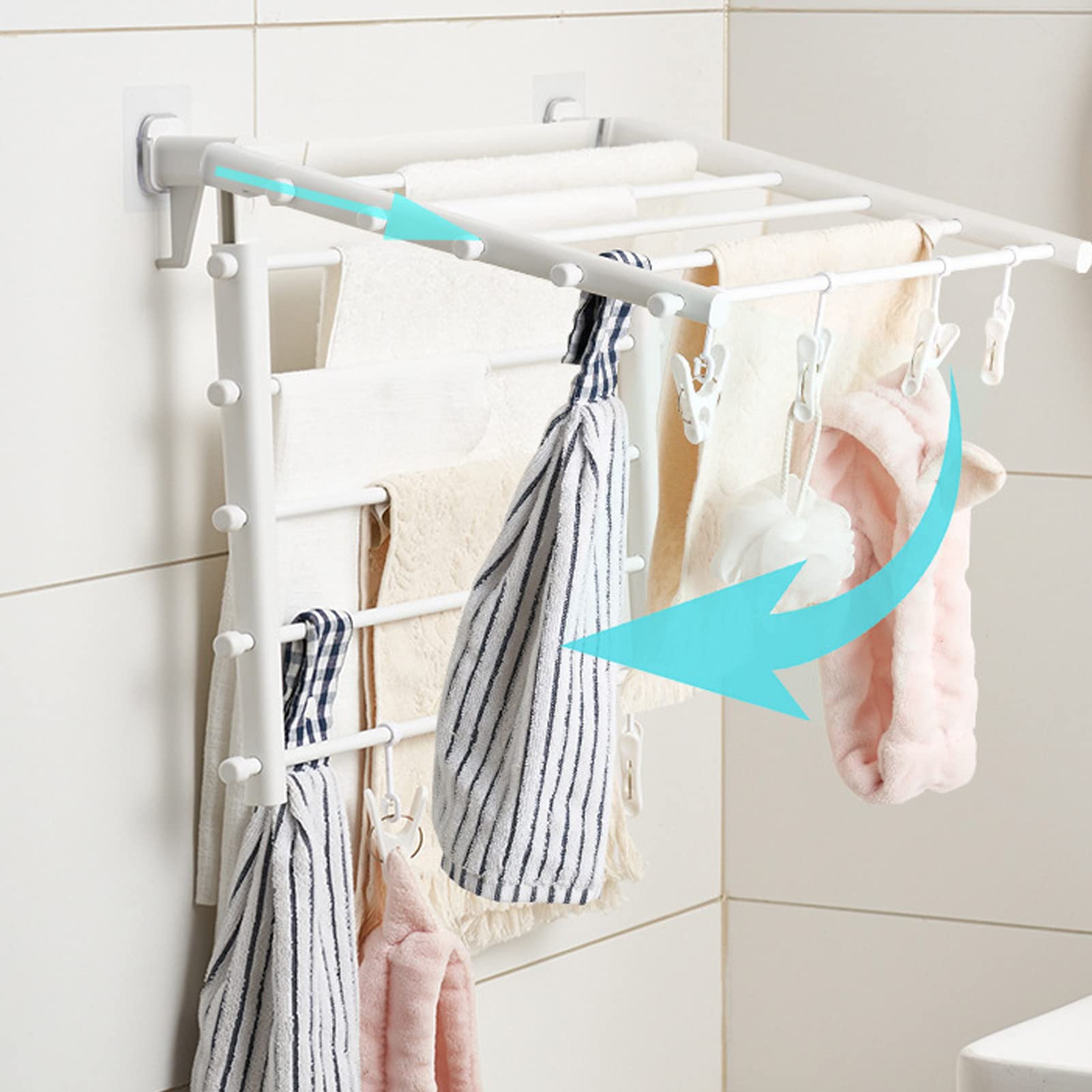 XTDHOMEDIAN Wall Mounted Clothes Drying Rack Folding Telescopic Plastic Laundry Rack for Indoor Balcony (600mm 8 Clips)