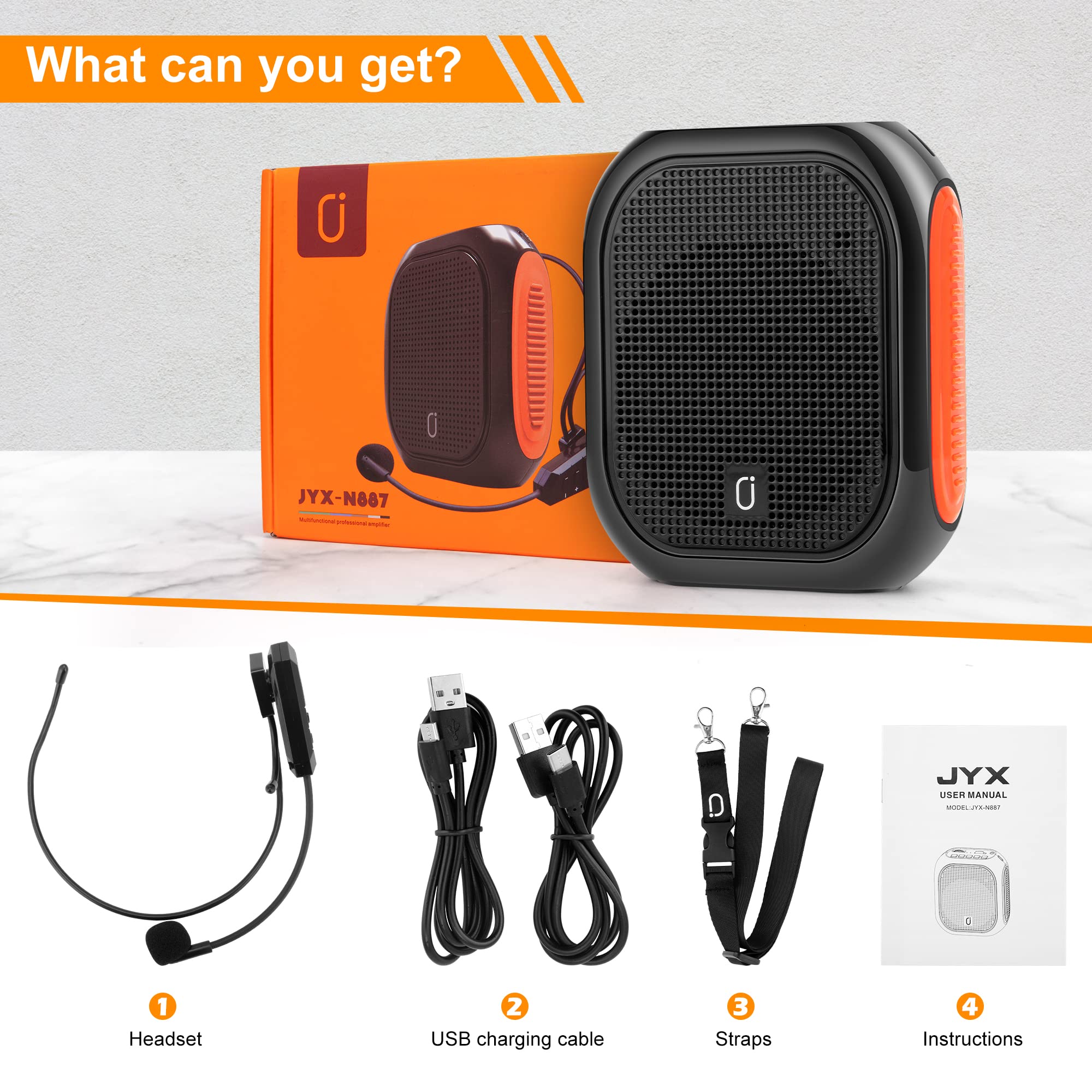 JYX Portable Voice Amplifier for Teacher with Wireless Microphone Headset and waistband,Rechargeable PA System Support MP3,AUX in,REC for Teaching,Meeting,Presentation
