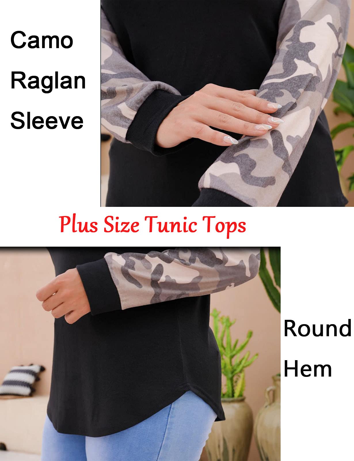 Kancystore Womens Plus Size Blouses Raglan Long Sleeve Pullover Sweatshirts Black 24