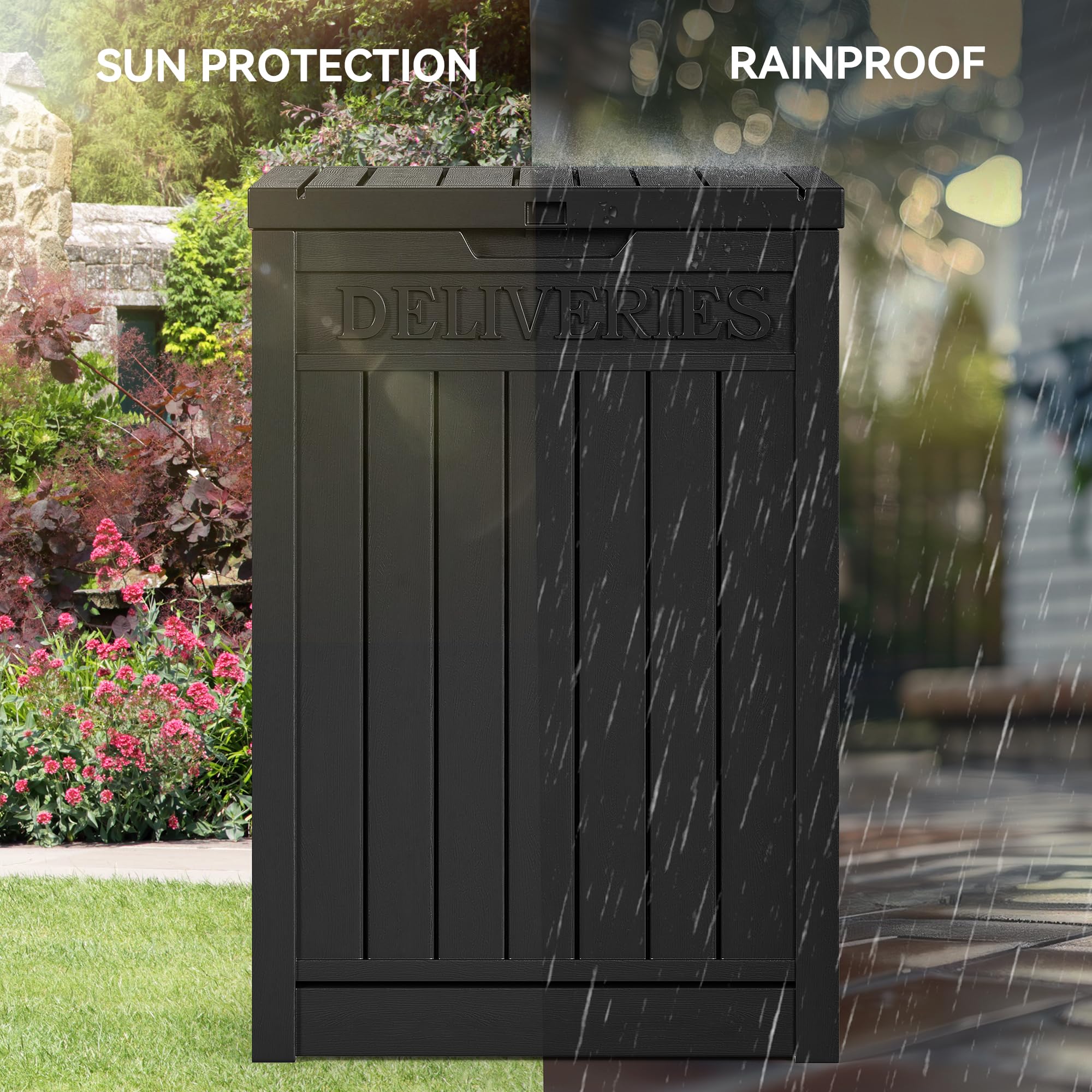 YITAHOME 51 Gallon Resin Package Delivery Box for Outside, Storage Box with Lockable Secure, Resin Deck Box for Porch, Curbside(Black)