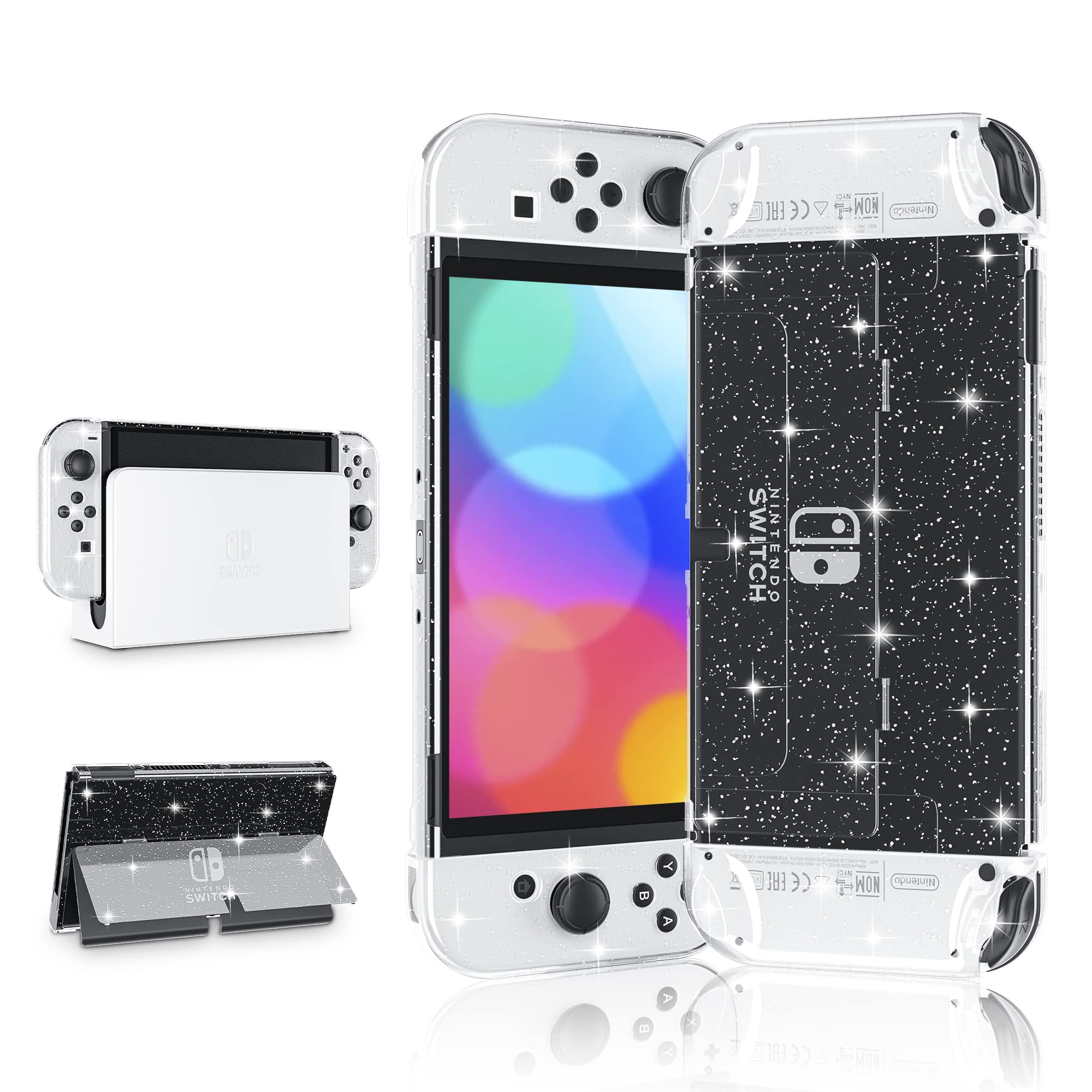 LASTYAL Clear Glitter Shell Compatible with Nintendo Switch OLED Model, Flip Protective Cover Case for Switch OLED and Joycon Controller, Shock-Absorption and Anti-Scratch Design