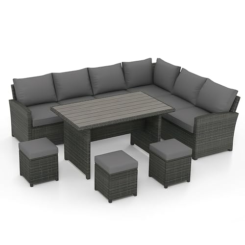 ICOMPY Patio Furniture Set 7-Piece Rattan Wicker Sectional Sofa Couch Outdoor Dining Conversation Set in Gray