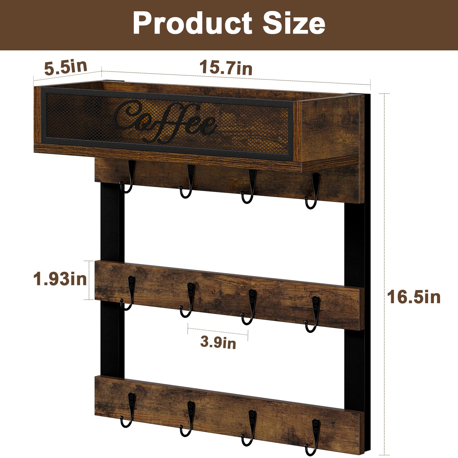 YINMIT Coffee Mug Rack Wall Mounted,Coffee Cup Holder with 12 Hooks,Wood Mug Organizer with Top Shelf for Coffee Beans,Sugar Jar,3-Tier Mug Display for Home,Office,Kitchen