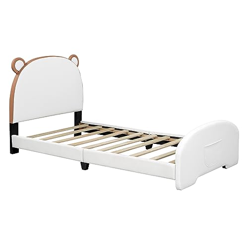 Twin Platform Bed Frame, Platform Bed for Girls Boys, Modern PU Leather Upholstered Platform Bed with Bear-Shaped Headboard and Footboard, Noise-Free, No Box Spring Needed (White+Brown)