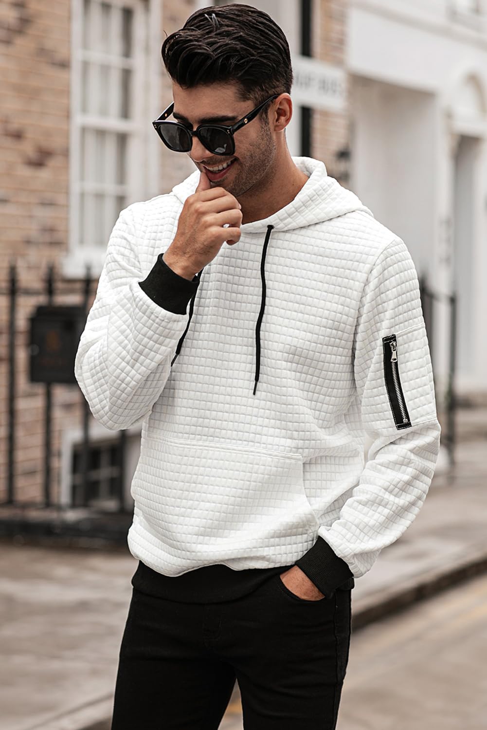 JMIERR Mens Hooded Sweatshirt Long Sleeve Drawstring Waffle Knit Hooded Fall Hoodie with Kanga Pocket, US 43(L), White