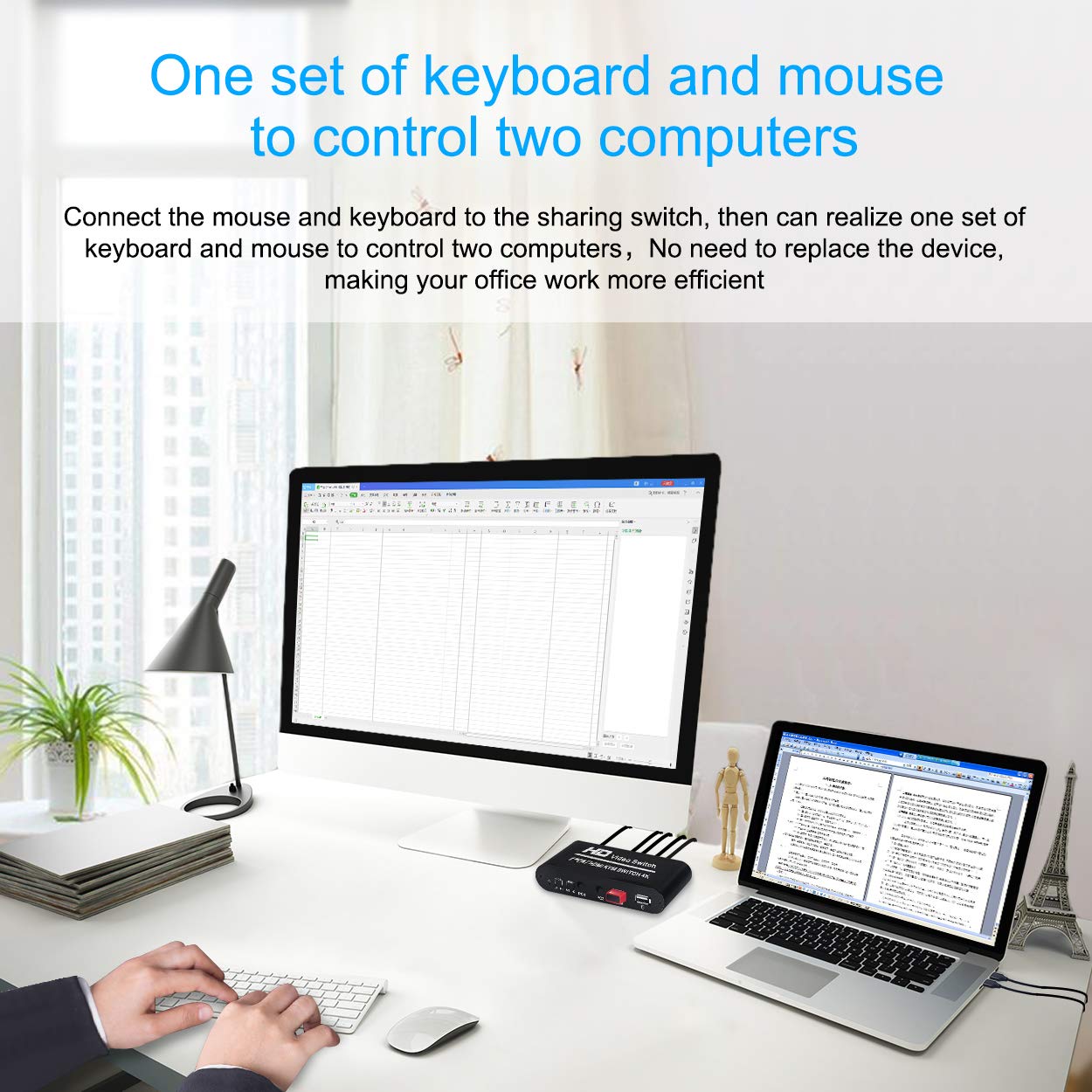 KVM Switch HDMI 2 Port Box, KCEVE USB KVM Switches for 2 Computers Share Keyboard Mouse and one HD Monitor, Support Hotkey Switching, UHD 4K(3840x2160)