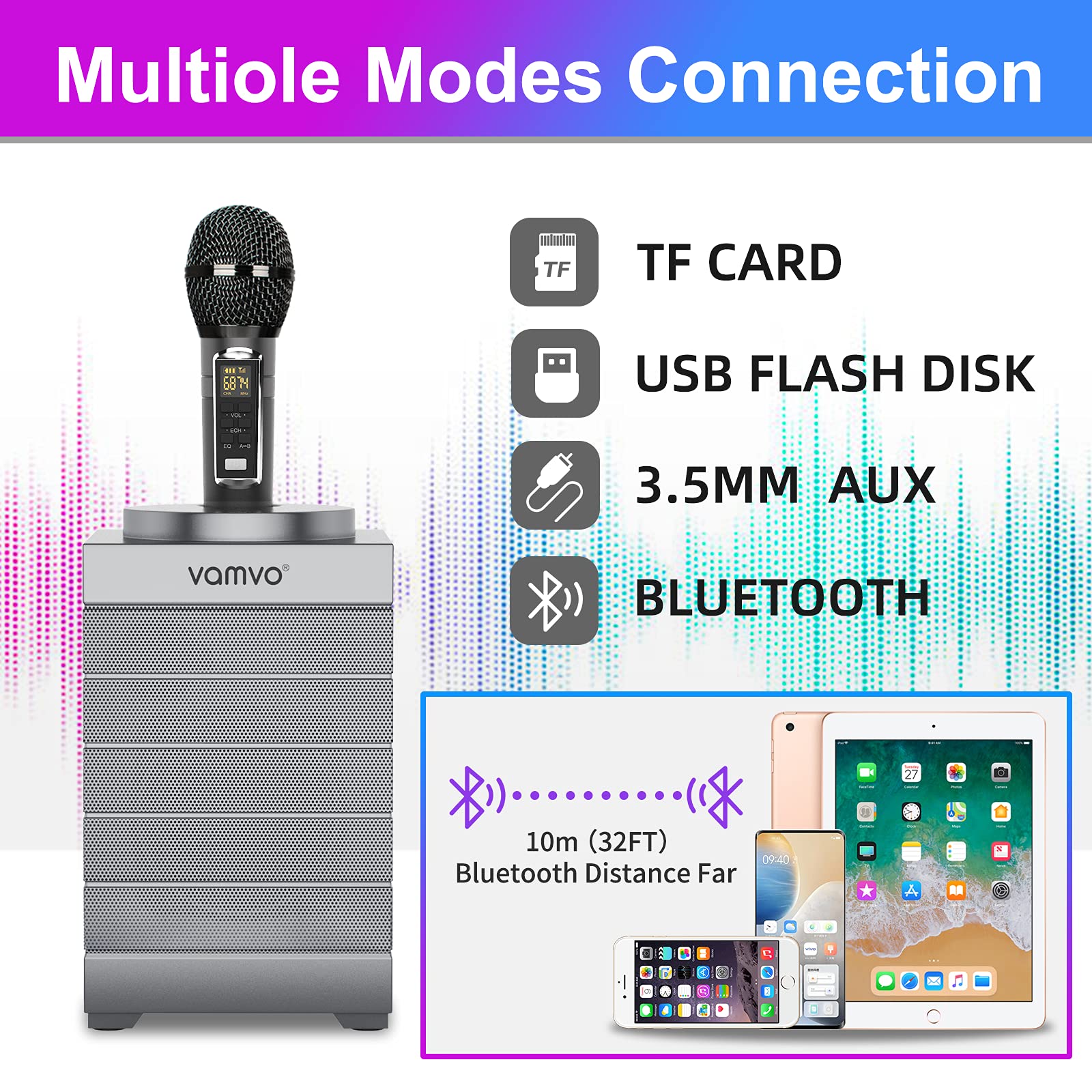 Karaoke Machine for Adults Kids, Vamvo Portable Bluetooth Karaoke Speaker with 2 Wireless Microphones PA Speaker System for Family Party Singing