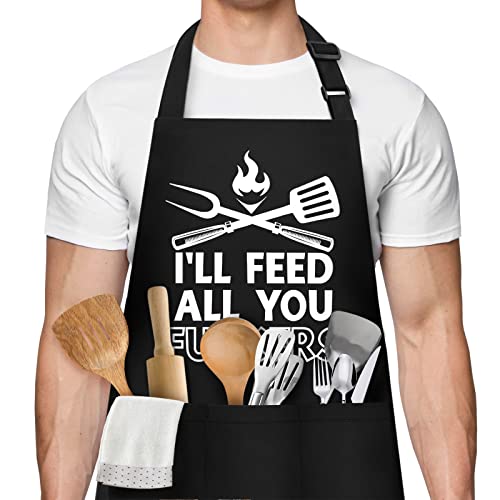 NLUS Funny Apron for Men, Funny Gifts for Dad Christmas Gift Grilling Cooking Chef Apron with 3 Pockets for Dad Husband