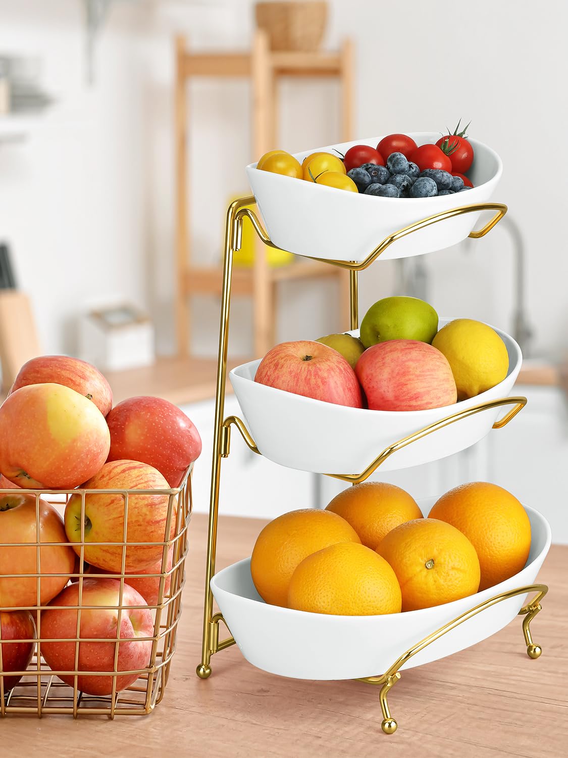 Yedio Fruit Bowls for Kitchen Counter, 3 Tier Ceramic Fruit Basket with Serving Bowls Metal Stand, Tiered White Porcelain Bowls for Fruit Vegetable Storage, Snack, Nuts, Cake, Dessert