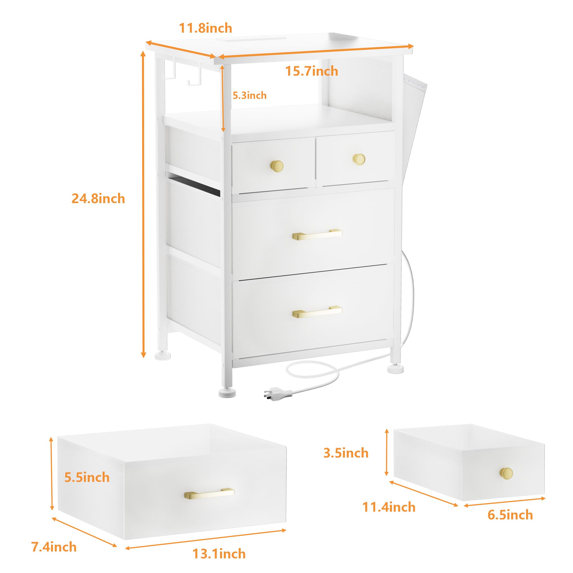 YIPPPPE White Nightstand with Charging Station, Led Night Stand, Bedside Table with 4 Drawers & Storage Shelf for Bedroom Dorm Small Space, 2 Hooks and 1 Side Pocket, White