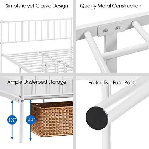 Topeakmart White Metal Twin Size Bed Frame with Headboard and Footboard, White Platform Bed Frame Twin, Heavy Duty Steel Salt Metal Bed Frame, No Box Spring Needed, Anti-Slip Metal Bed Frame, White