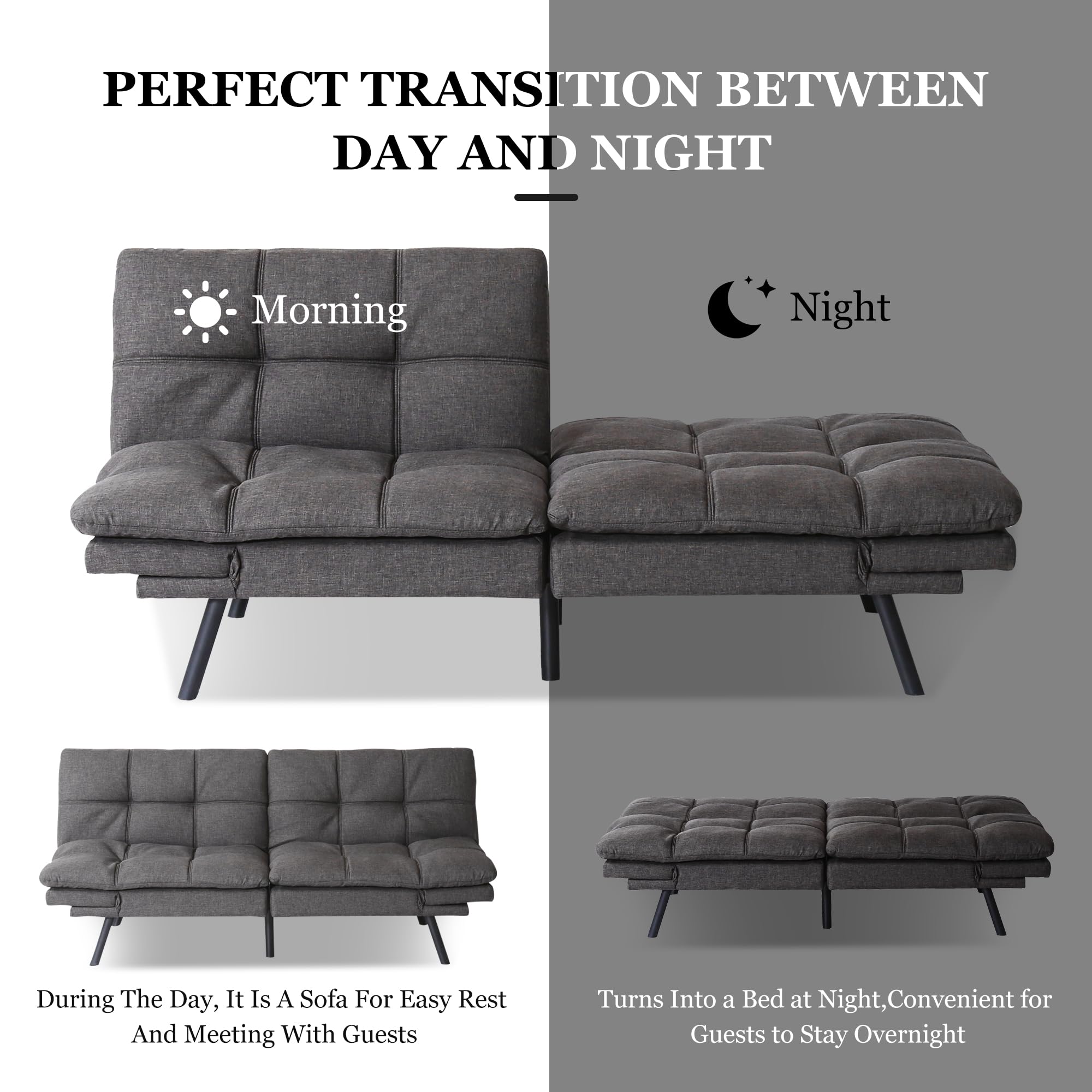 Xuanlur Futon Sofa Bed with Adjustable Backrests, Sleeper Couch with Adjustable Armrests, Convertible Sofa Couch Bed for Small Space,Apartment, Living Room, Grey