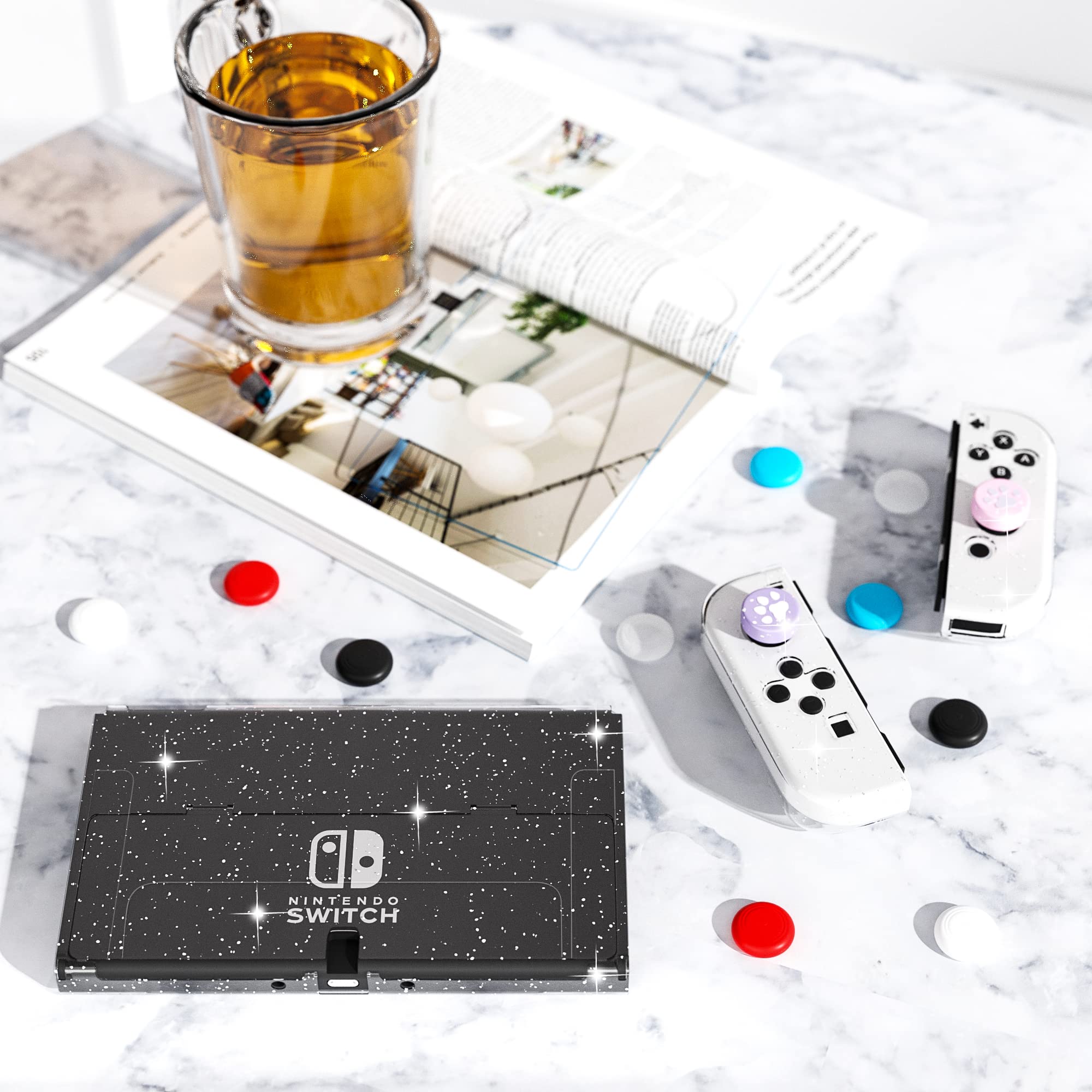 LASTYAL Glitter Flip Clear Case Compatible with Nintendo Switch OLED, Hard Console Protective Case and TPU Shell for Joycon Controller with Screen Protector and 12 Thumb Grip Caps